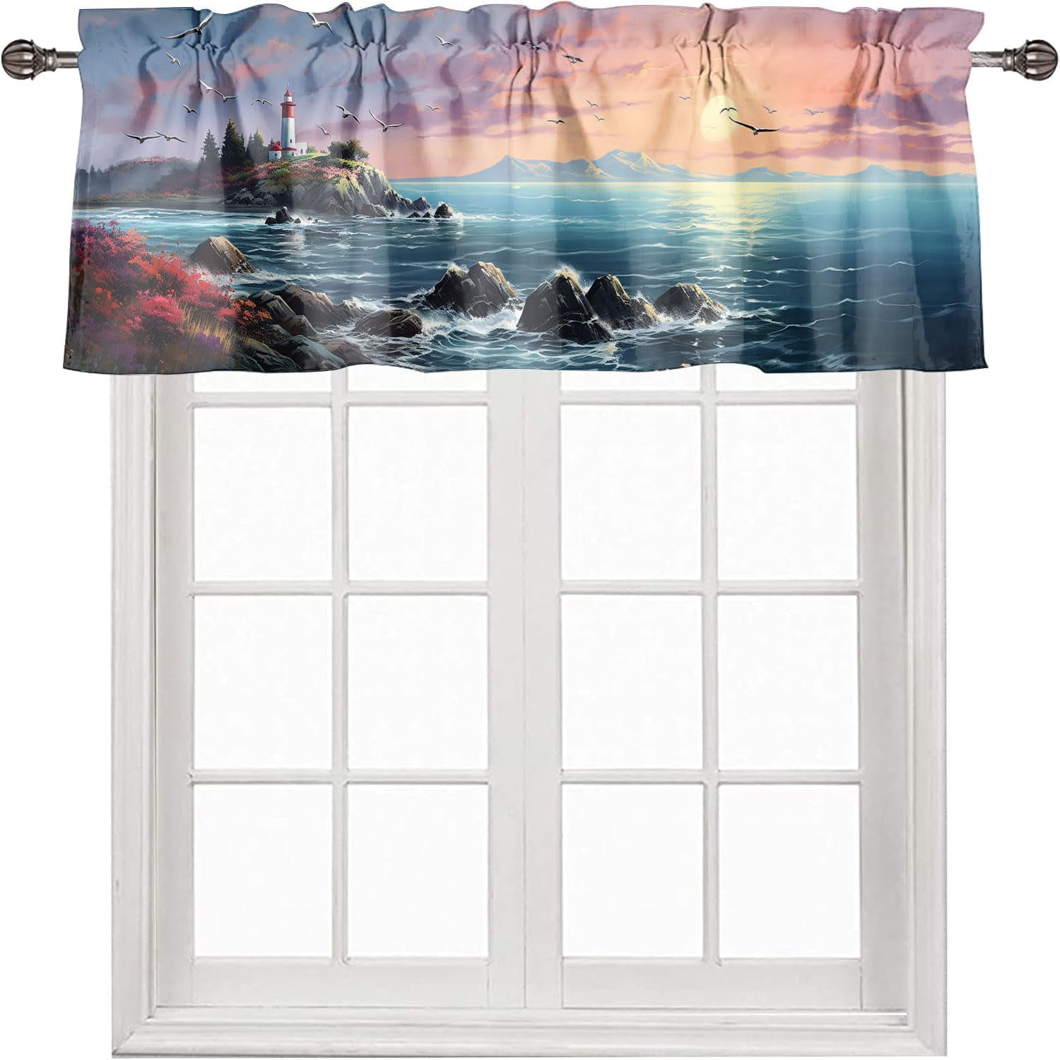 Lighthouse Valance Curtains for Windows Ocean Seagull Floral Coastal ...