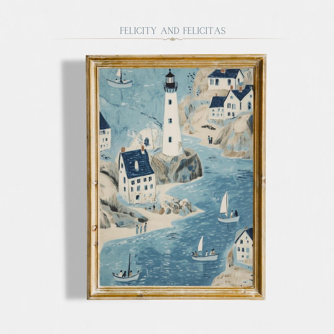 Lighthouse Village Wall Art, Maritime Painting, Neutral Summer ...