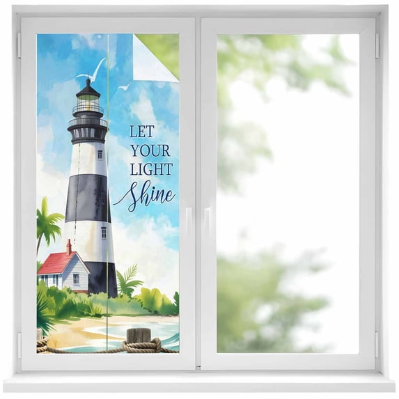 Lighthouse Window Privacy Film, Blue Coastal Nautical Ocean Beach Palm ...