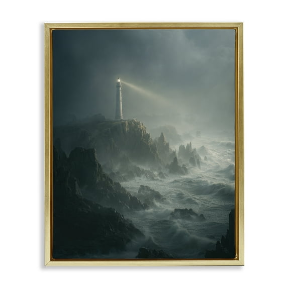 Lighthouse and Stormy Cliff Gold Framed Floater Canvas Wall Art, design ...