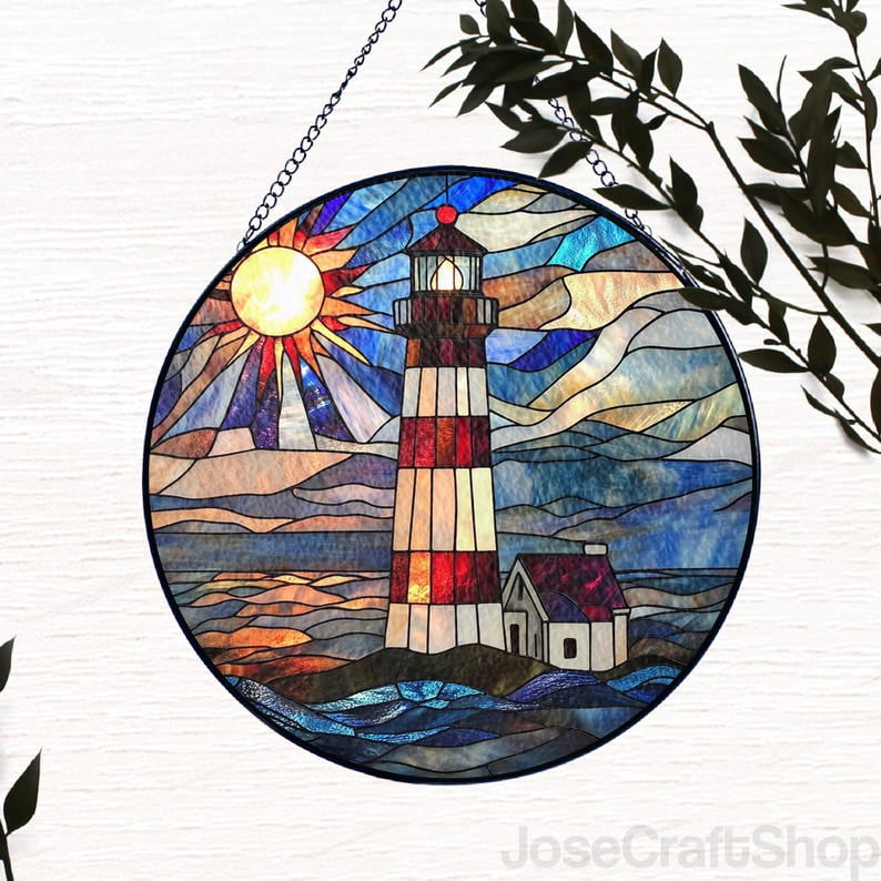 Lighthouse and Sunburst Stained Glass, Coastal Window Hanging Decor ...