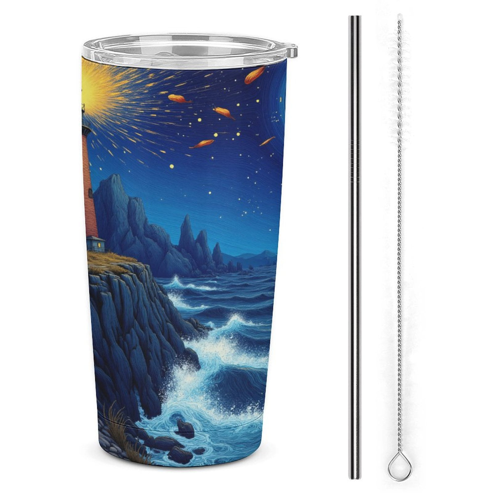 Lighthouse by Moonlit Sea Tumbler Print 20oz Stainless Steel Coffee Cup ...