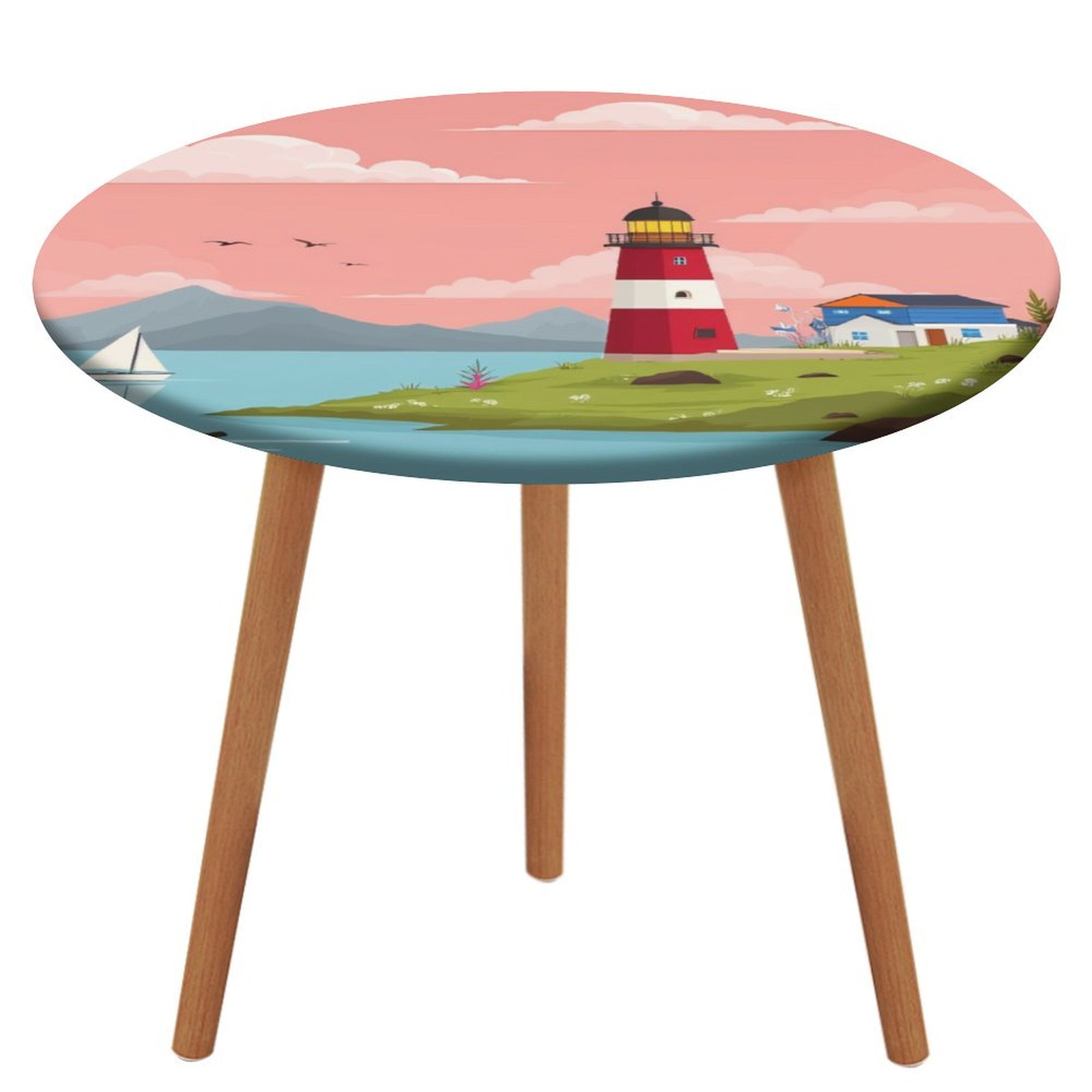 Lighthouse by The Sea Pattern Round Tablecloth Waterproof Elastic Table ...