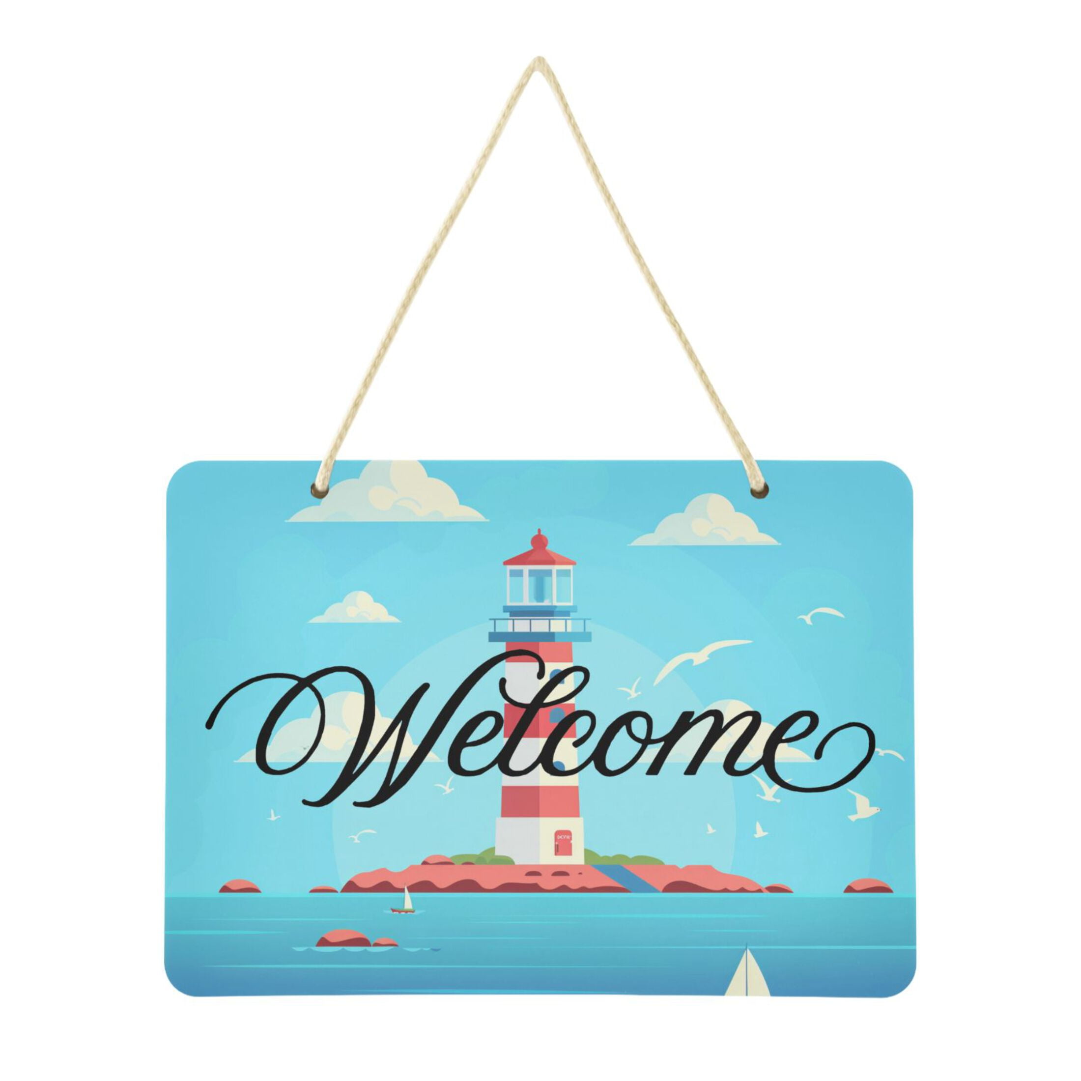Lighthouse on Island Welcome Sign Front Door PVC 14x10 inch Hanger ...
