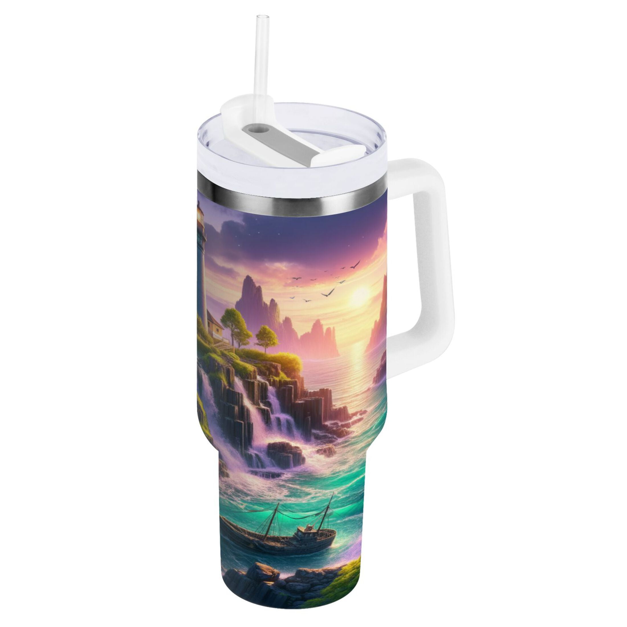 Lighthouse on Island and Bridge Tumbler with Handle and Straw Lid 40 oz ...