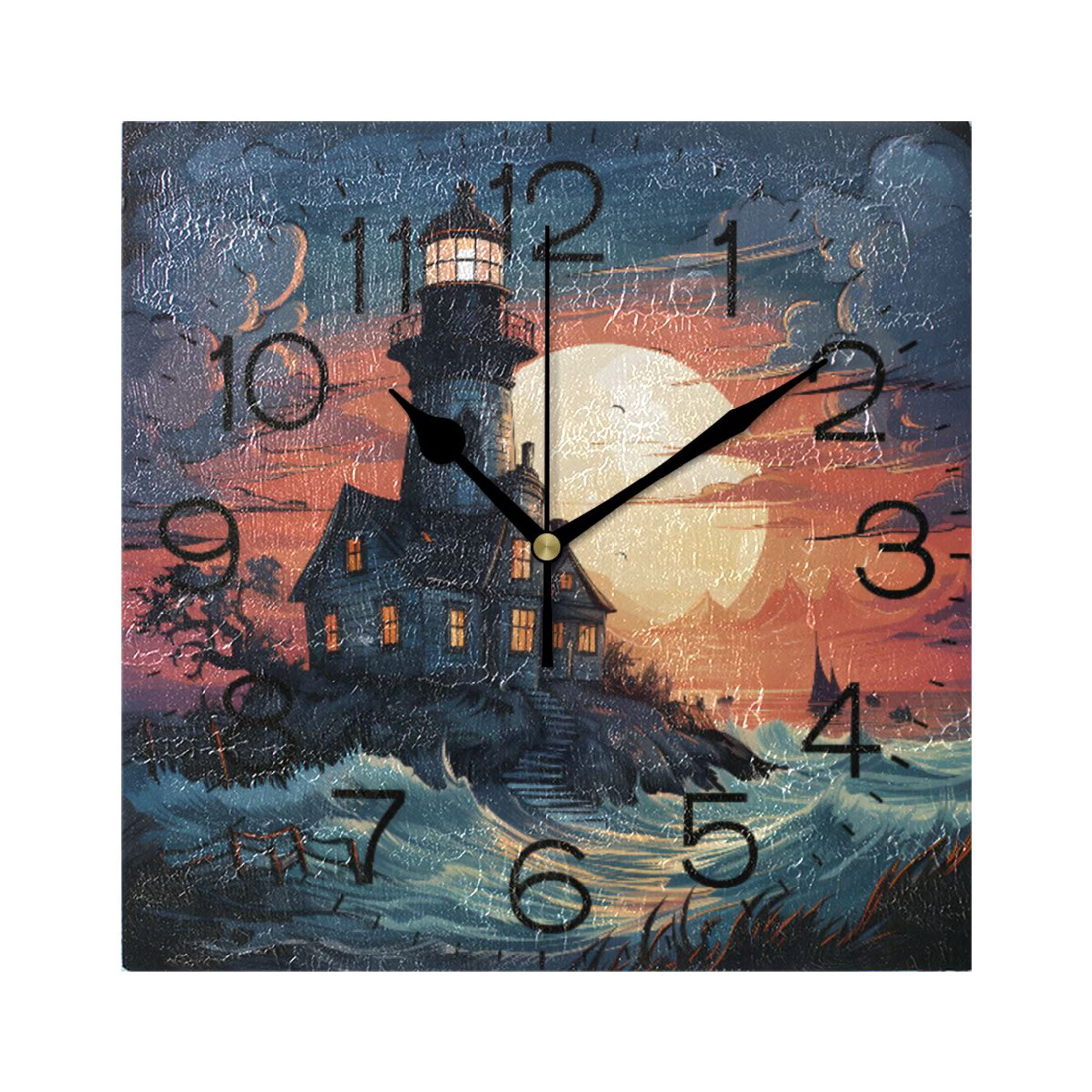 Lighthouse on Sea Wall Clock 7.78" Non-Ticking Silent Battery Operated ...