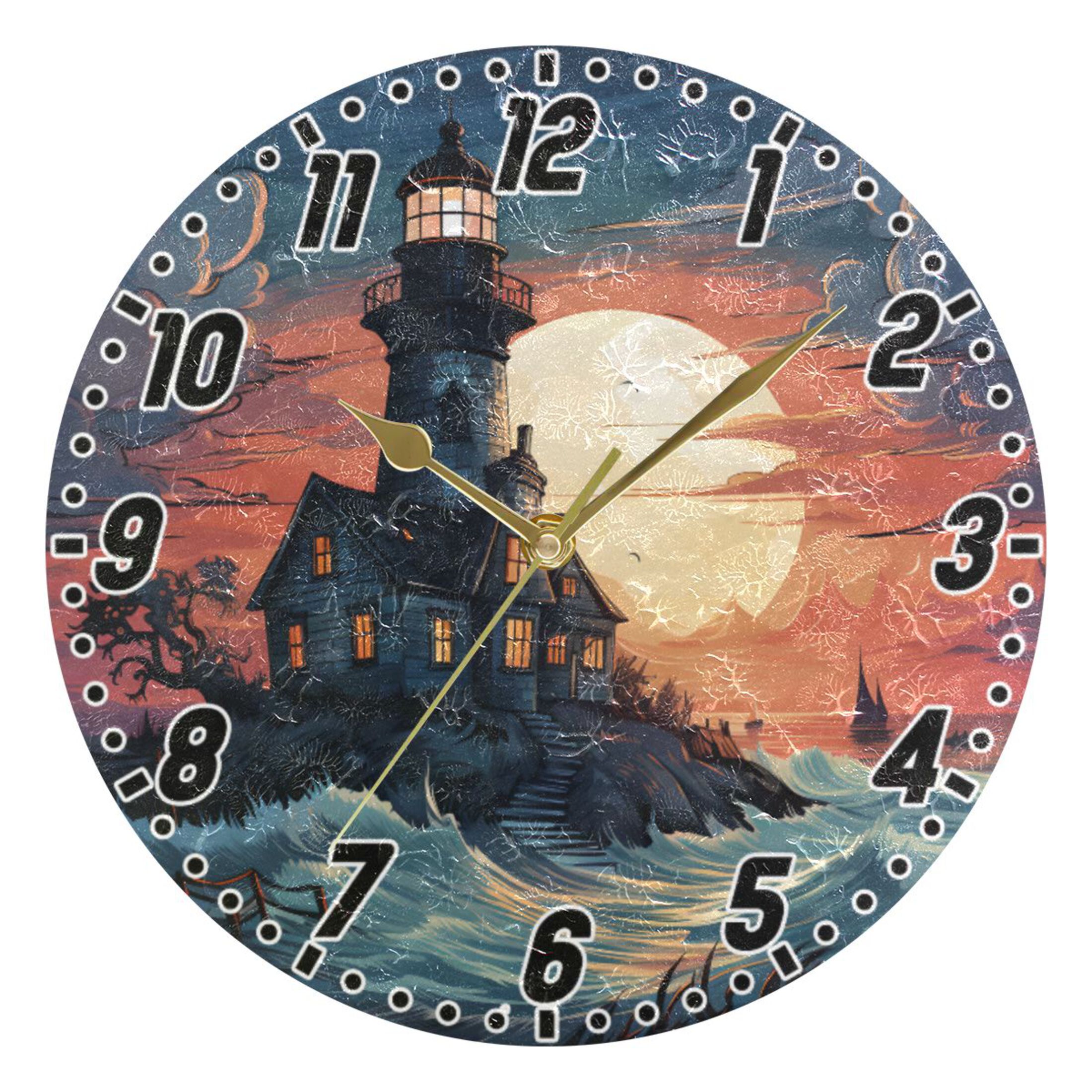 Lighthouse on Sea Wall Clock 9.8 inch Battery Operated Clocks Non-Ticking Silent for Bedroom ...