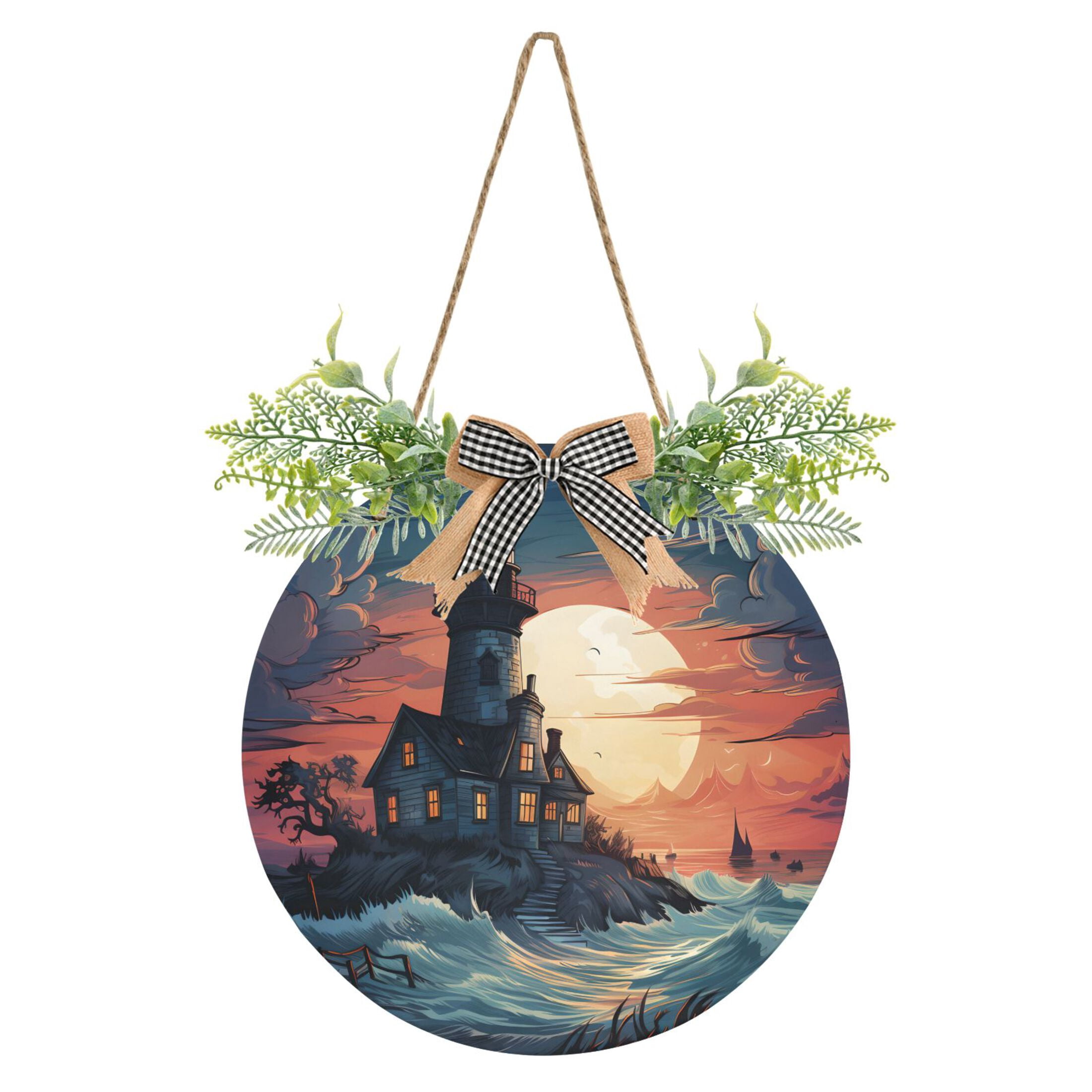 Lighthouse on Sea Welcome Front Door Sign Round 12 inch Porch Hanging ...
