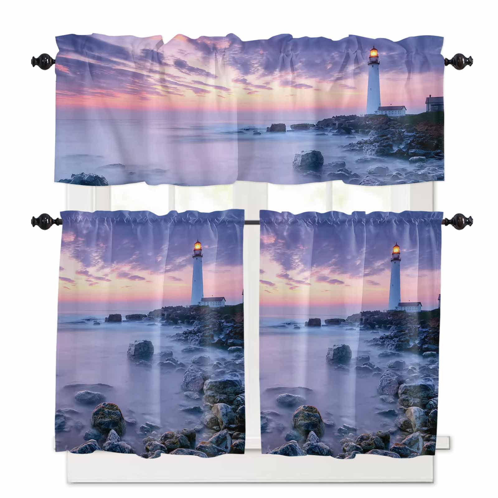 Lighthouses Oceans Window Curtains Valance Set of 3 Reefs Sunset Nature ...