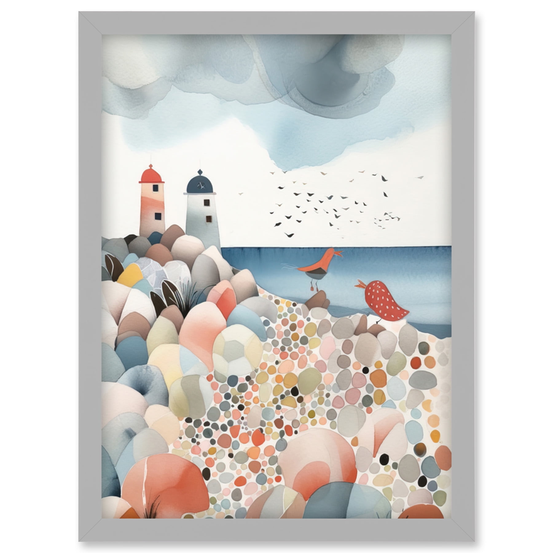 Lighthouses On Multicoloured Pebble Beach Watercolour Painting Artwork ...