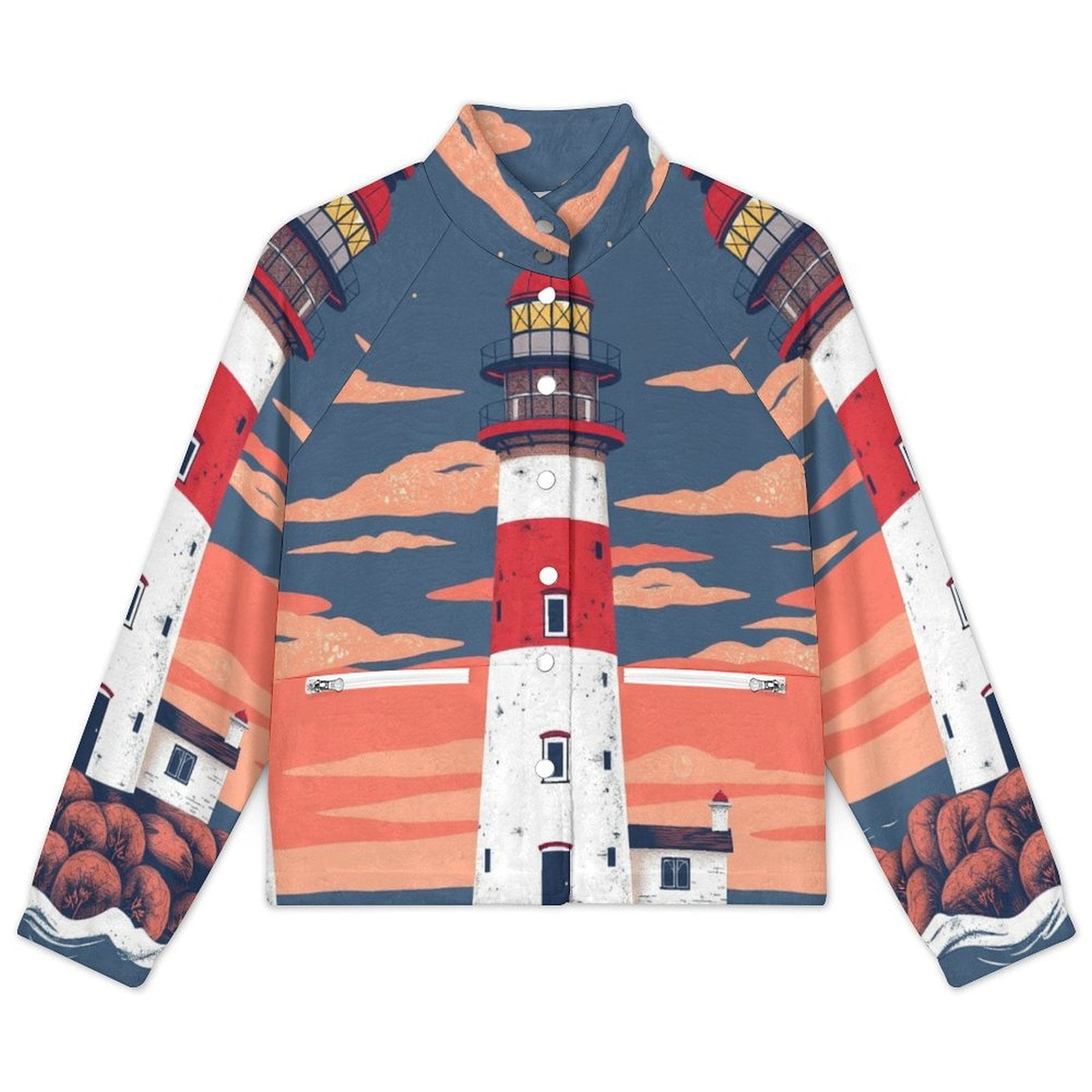 Lighthouses Sunset Sea Warm Women's Plush Jacket Stand Collar Full ...