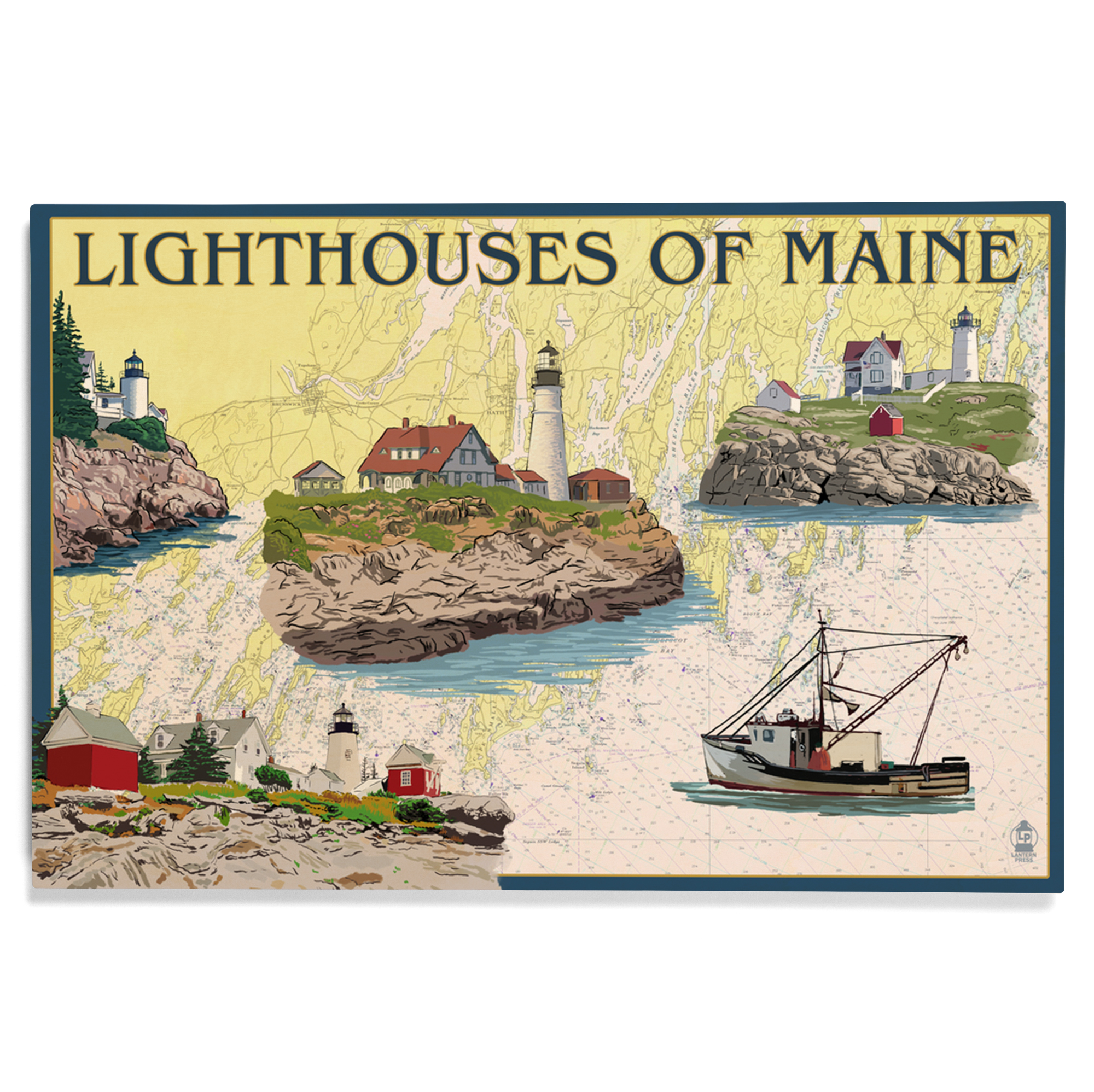 Lighthouses of Maine, Nautical Chart Birch Wood Wall Sign (12x18 Rustic ...