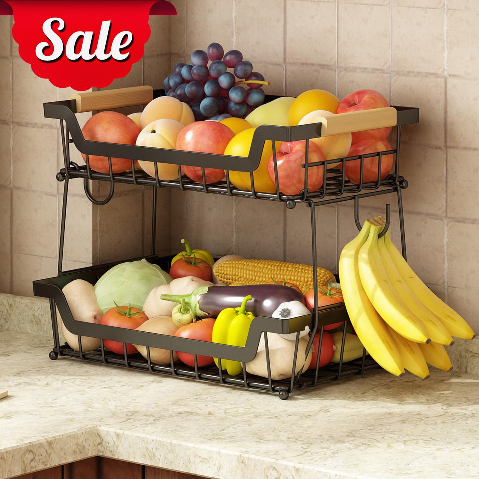 LightingGo Farmhouse 2-Tier Metal Fruit Basket with Hooks，Heavy Duty ...