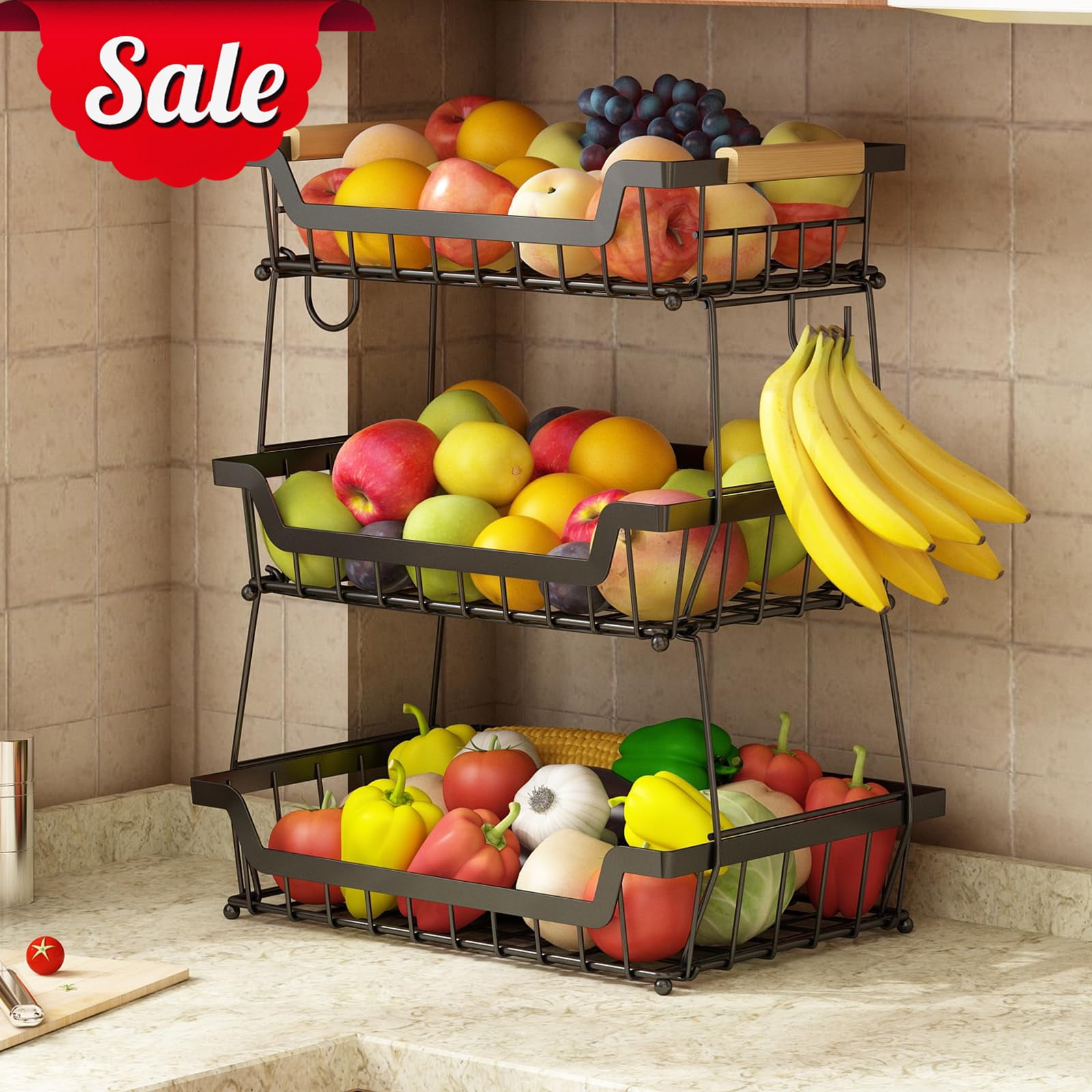 LightingGo 3 Tier Fruit Basket for Kitchen with 2 Banana Hangers ...