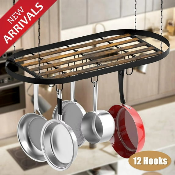 LightingGo Hanging Pot Rack Ceiling Mount Cookware Organizer with 12pcs ...