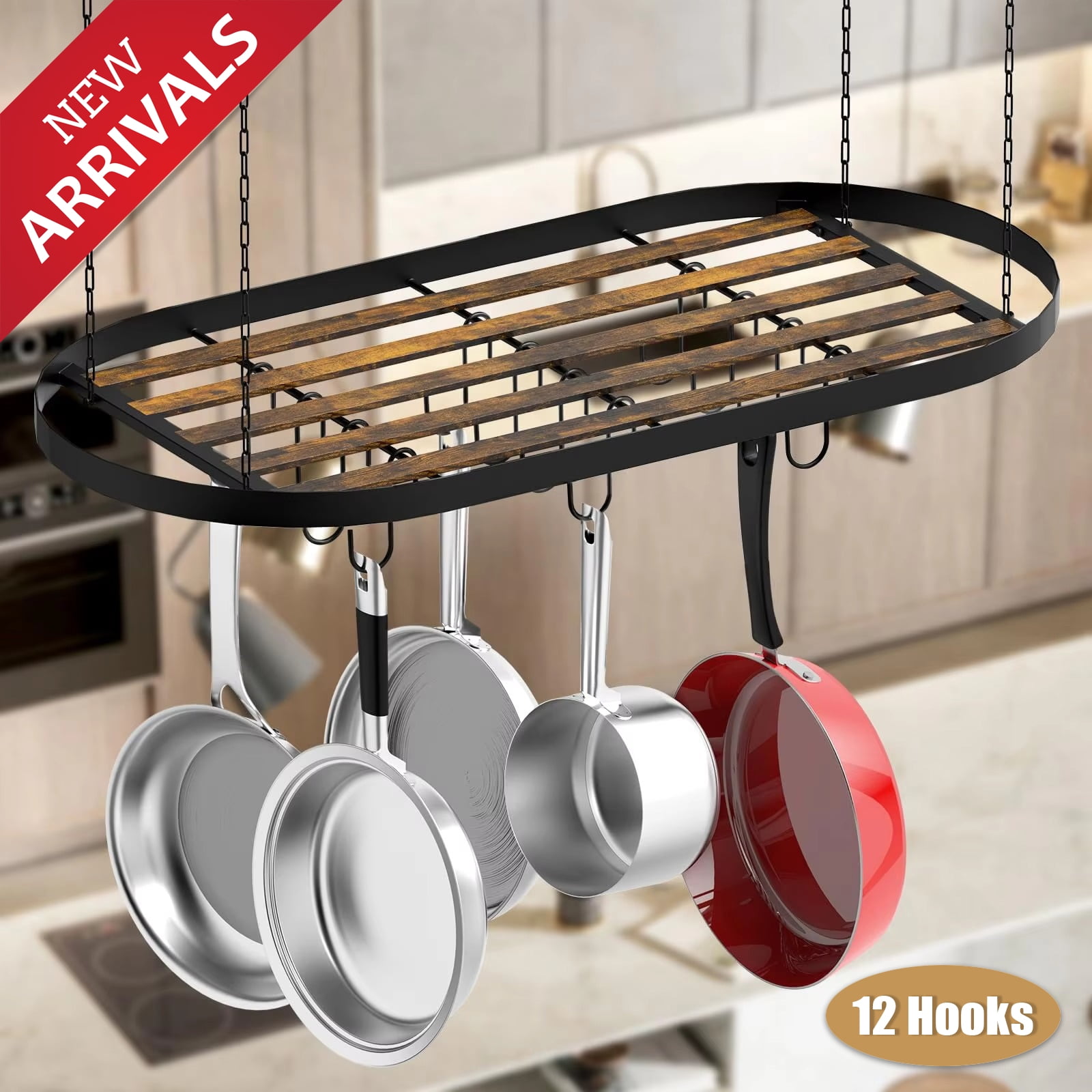 LightingGo Hanging Pot Rack Ceiling Mount Cookware Organizer with 12pcs ...