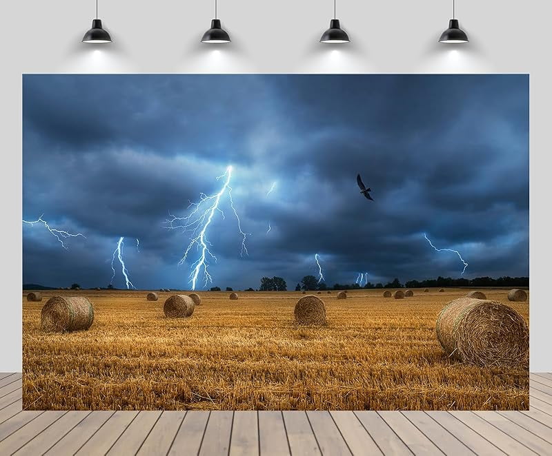 Lightning Backdrop Agricultural Field with Straw Bales and Lightning ...