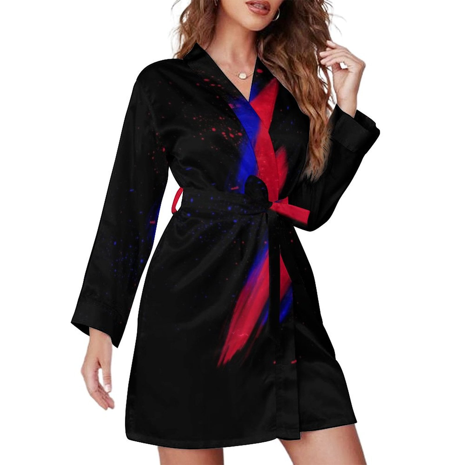 Lightning Bolt Brush Night Robe Long Sleeve V Neck Robe With Belt Women ...
