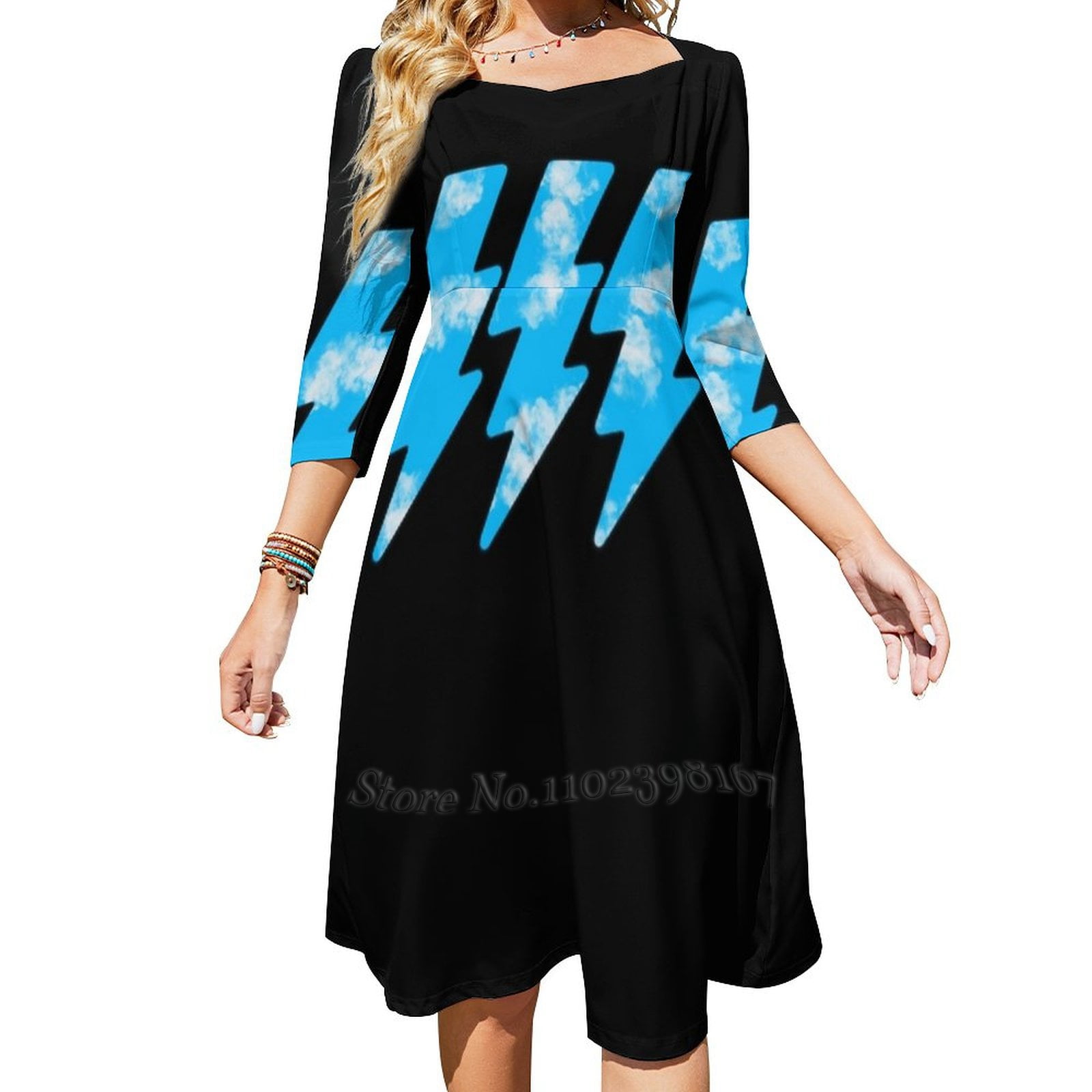 Lightning Bolts With Blue Sky And White Clouds Square Neck Dress Sweet ...