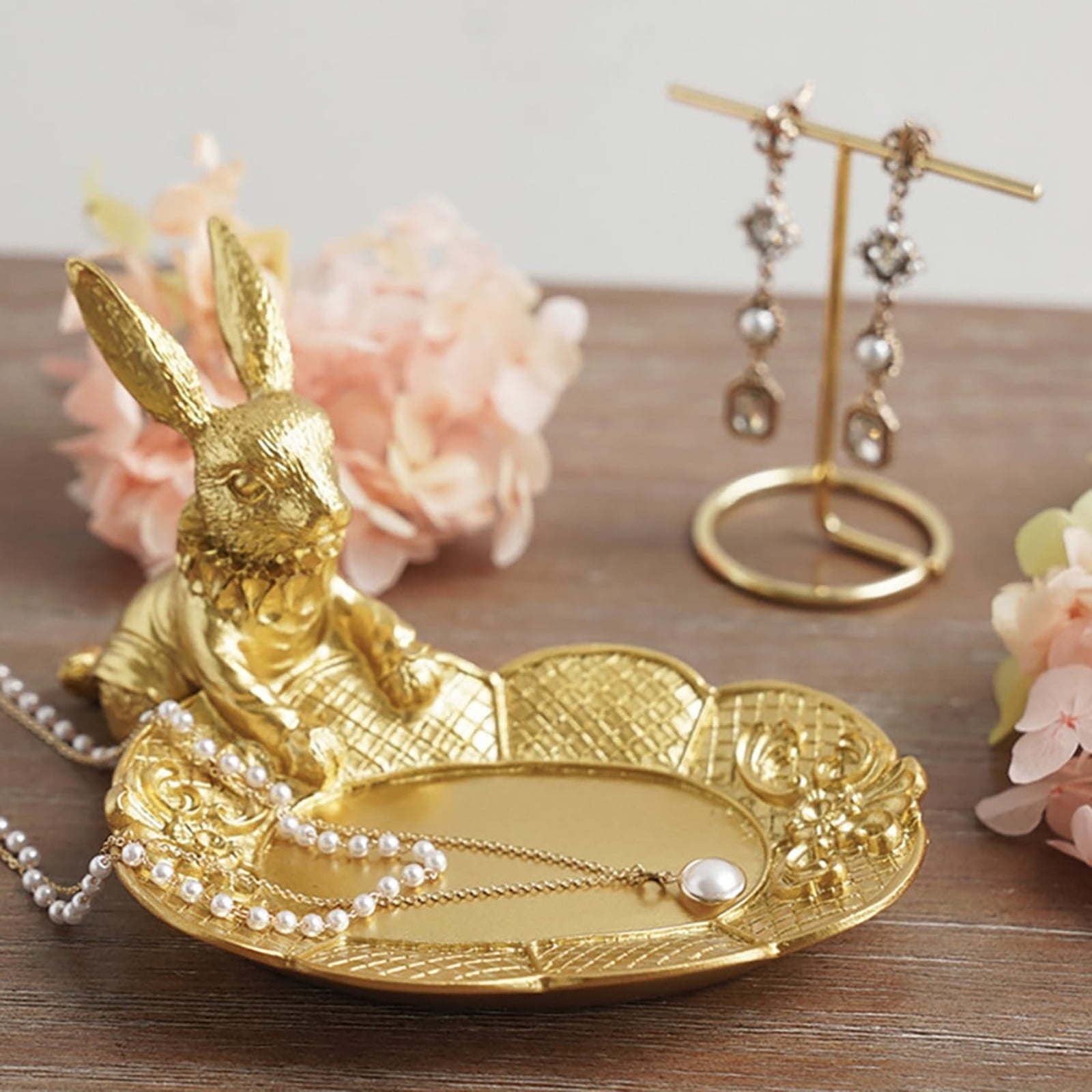 Lightning Deals! HmNPlay Gold Bunny Figurine Jewelry Ring Holder Tray ...