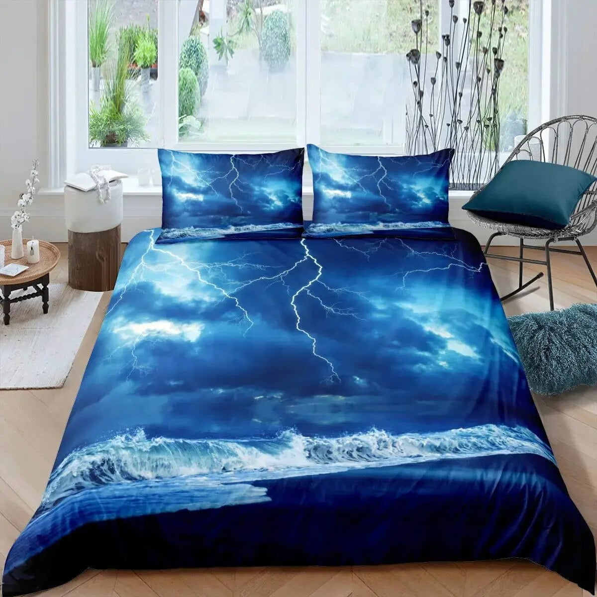 Lightning Duvet Cover Set Sea Wave Natural Disasters Sea Landscape ...