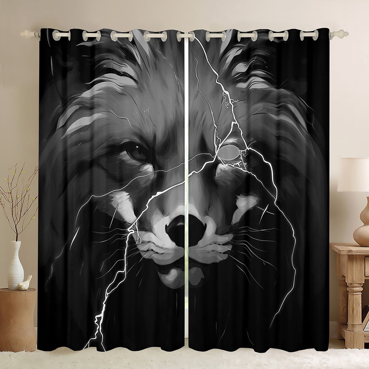 Lightning Fox 30%-50% Blackout Curtains Black Grey Woodland Animal ...