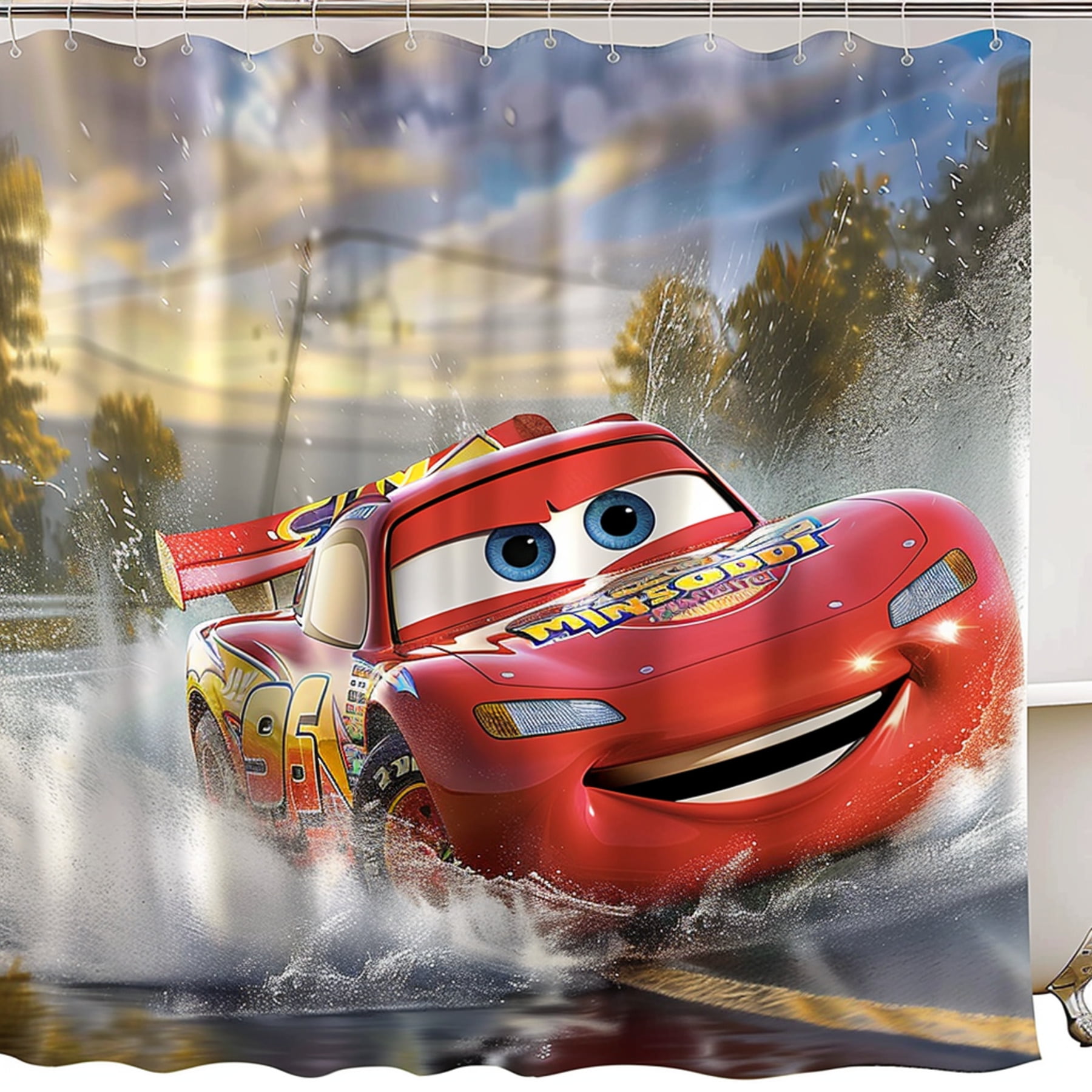Lightning McQueen Car Racing Shower Curtain with Water Splash Kids ...