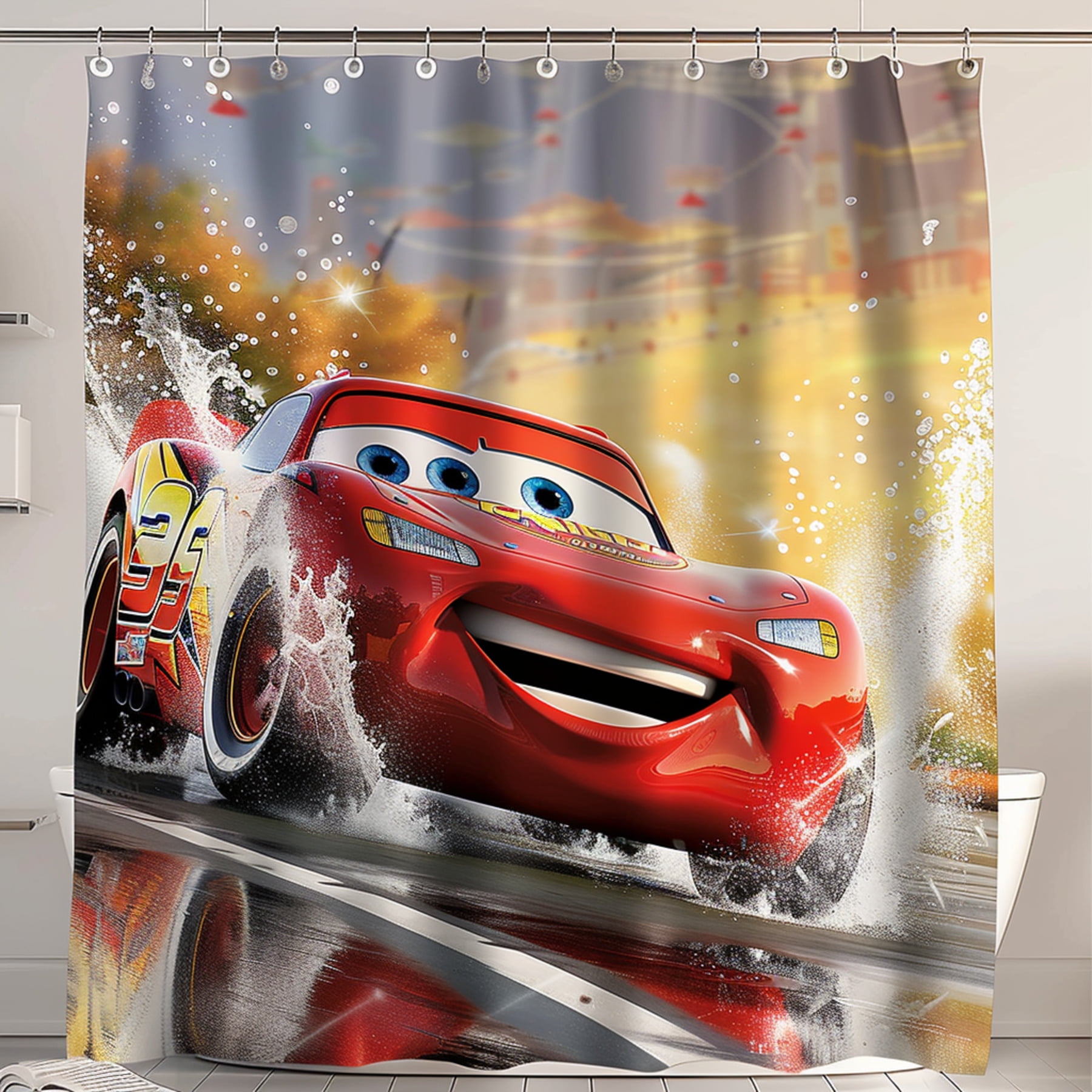 Lightning McQueen Car Shower Curtain Kids Bathroom Decor with Water ...