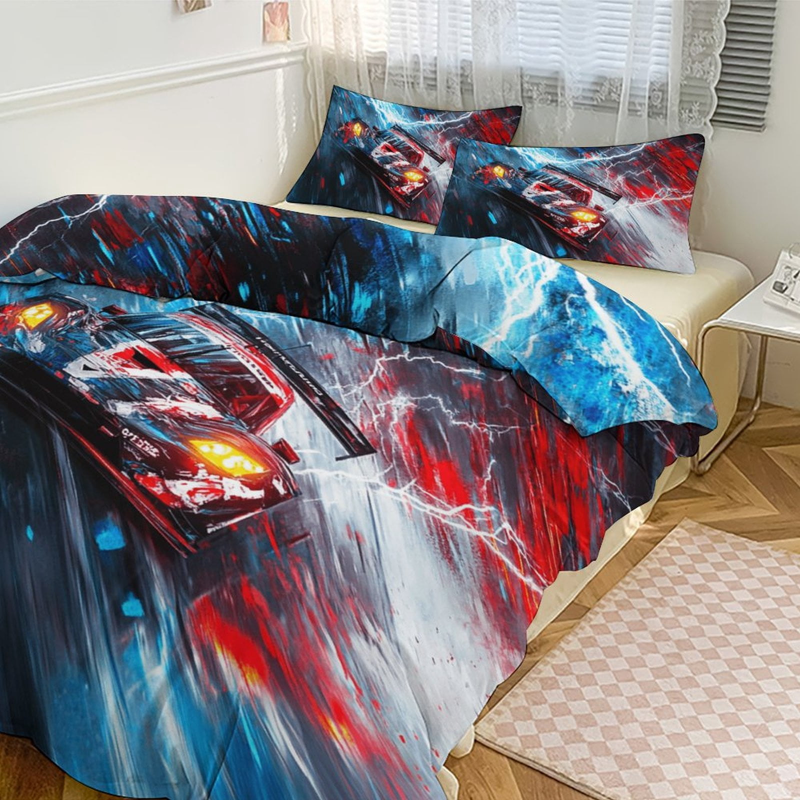 Lightning Pattern Race Car Bedding Set with Zipper Closure for Girls ...