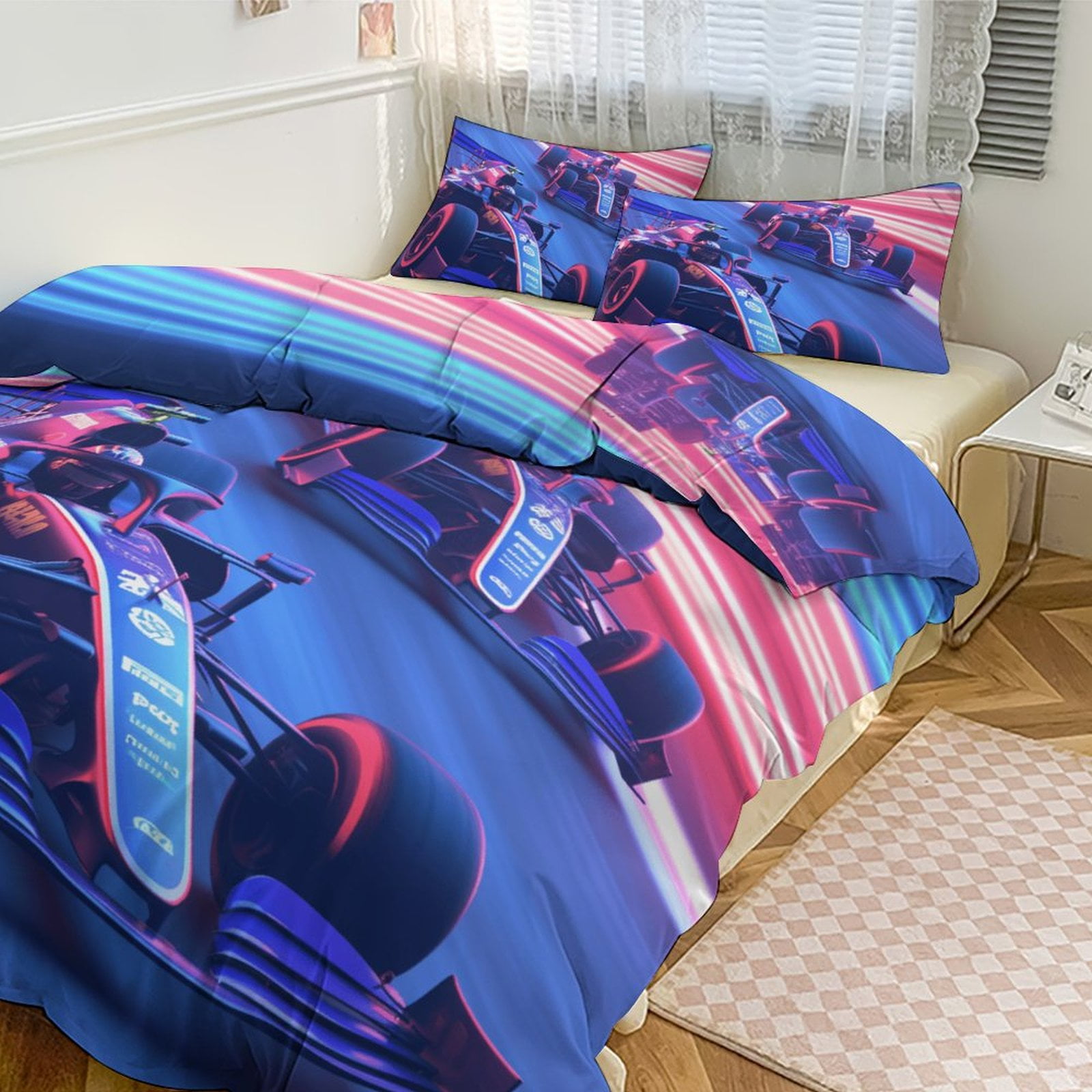 Lightning Pattern Race Car Bedding Set with Zipper Closure for Girls ...