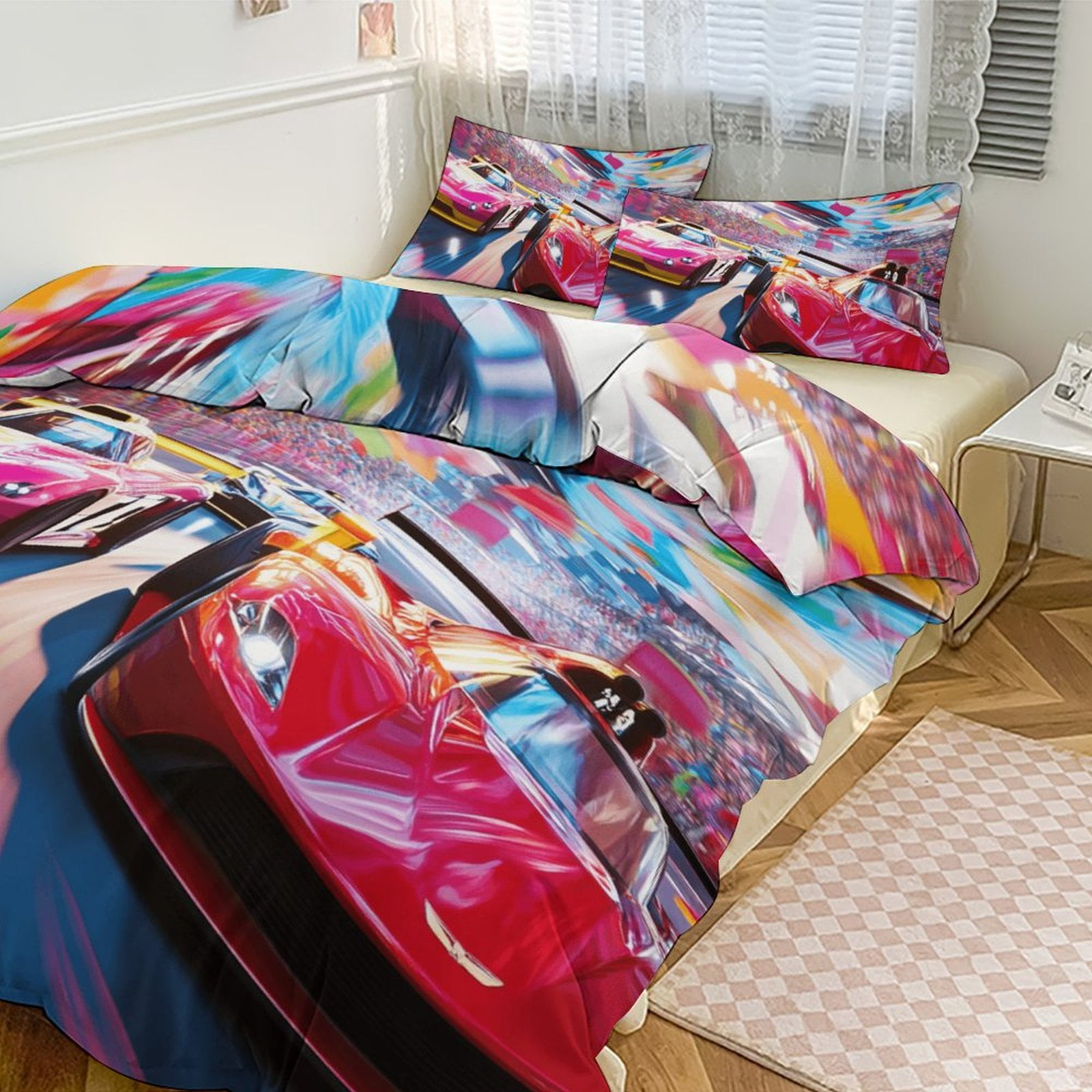 Lightning Pattern Race Car Bedding Sets Twin Duvet Cover 3 Piece Cute ...