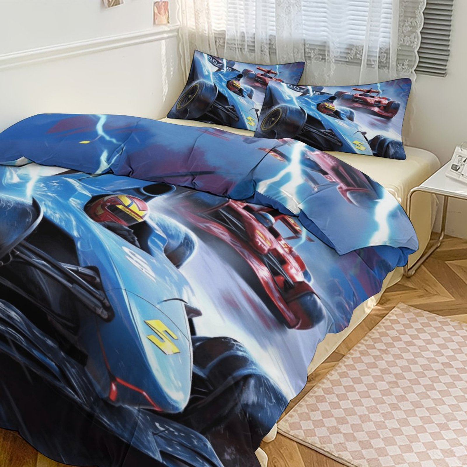 Lightning Pattern Race Car Bedding Sets Twin Duvet Cover 3 Piece Cute ...