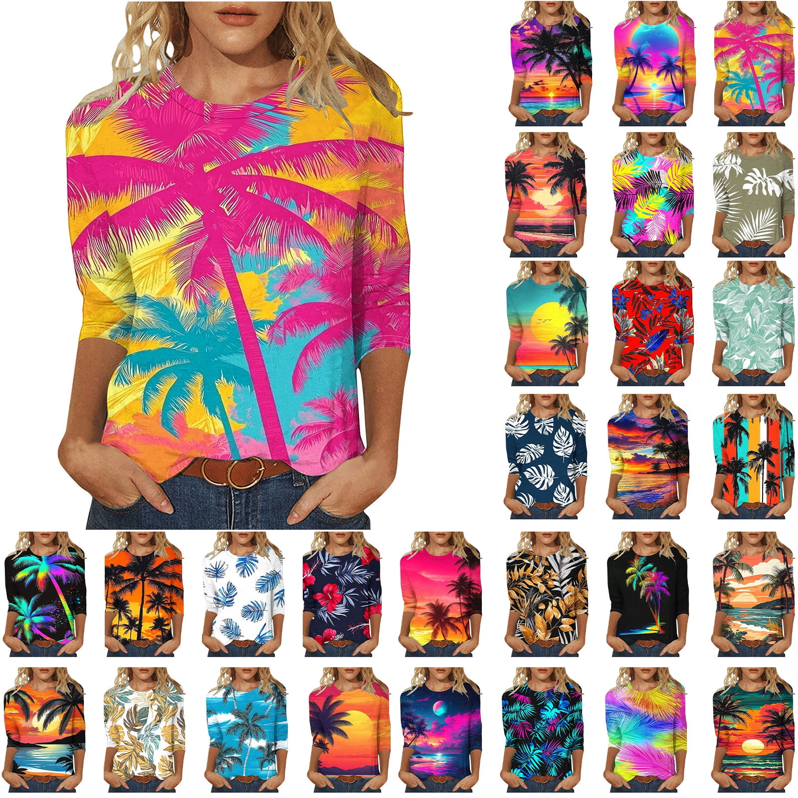 Lightning Prime Sales! BiZtdJrK Womens 3/4 Sleeve Tops Fashion Tropical ...