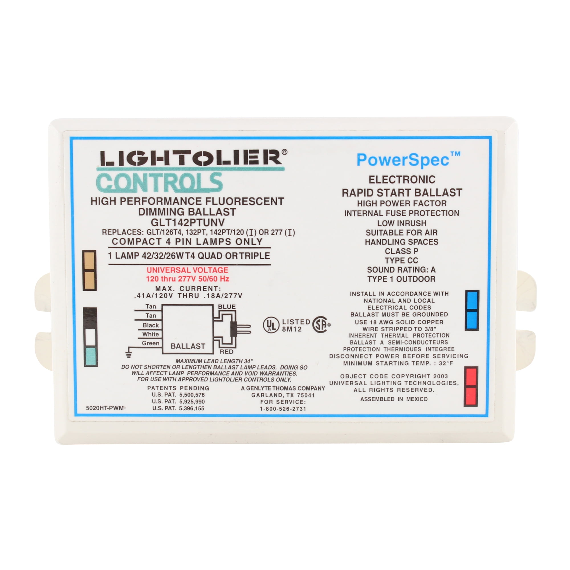 Lightolier GLT142PTUNV Compact Fluorescent Dimming Ballast, 1 Lamp, 42W ...