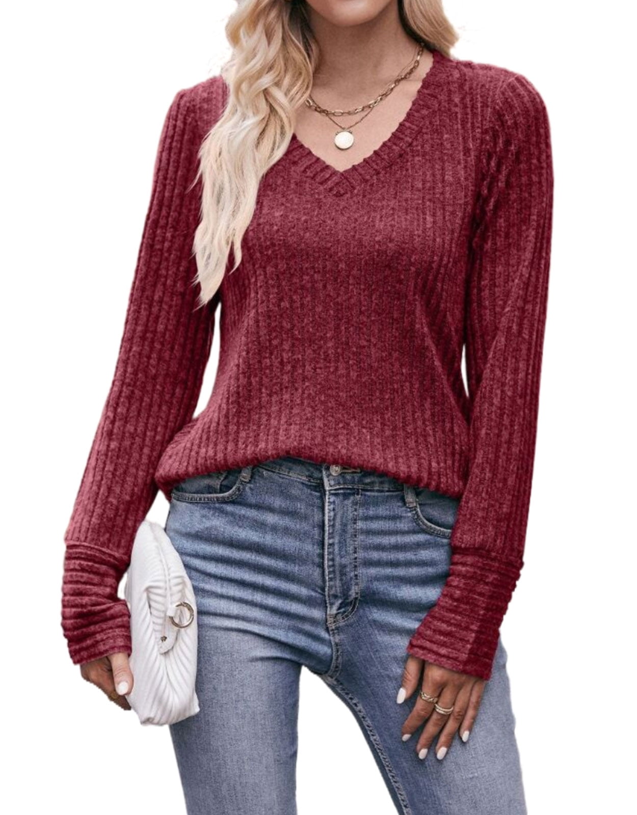 Cogild Women's Lightweight V Neck Long Sleeve Ribbed Knit Blouse, Fall ...