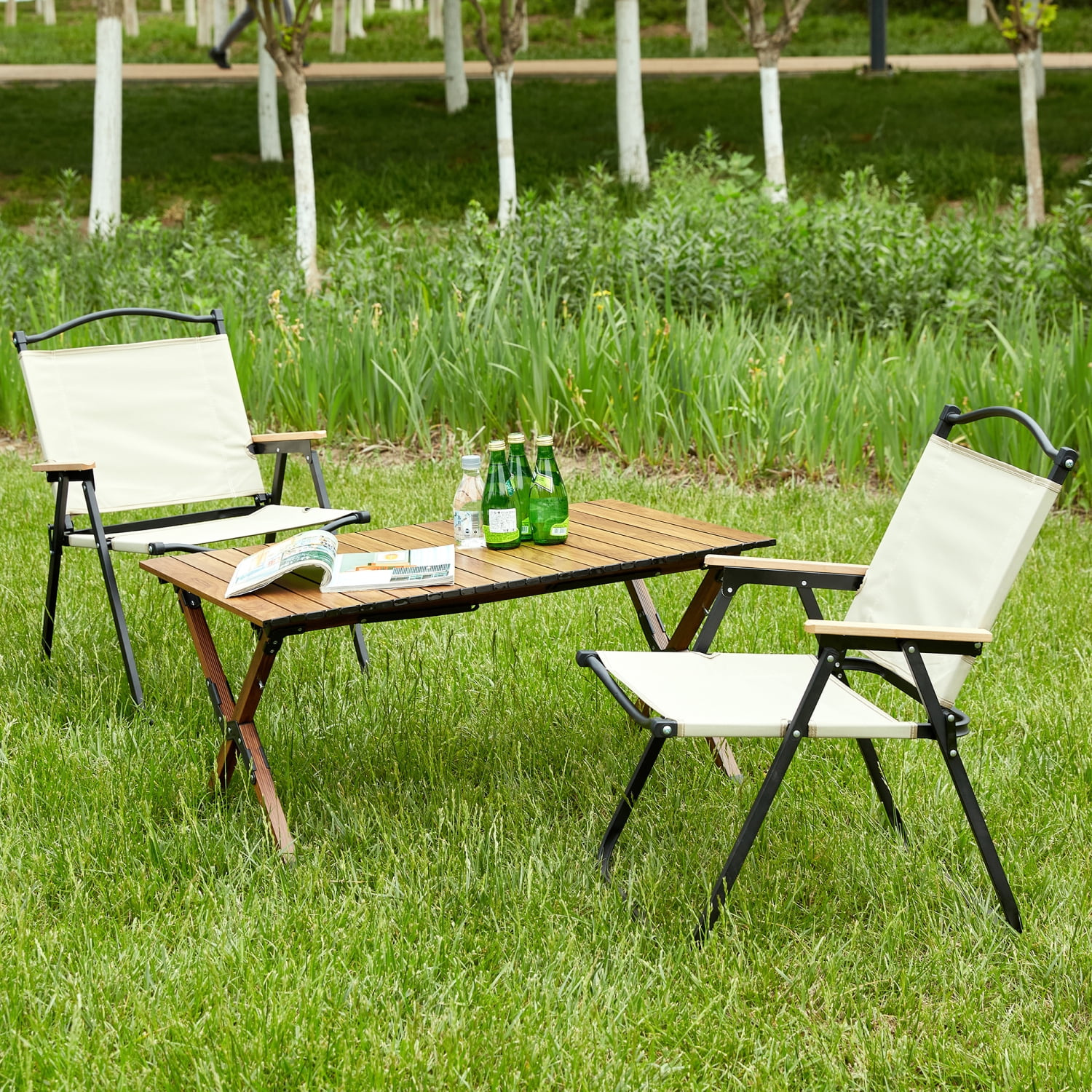 Lightweight Brown/Beige Aluminum 3-piece Folding Outdoor Table and two ...