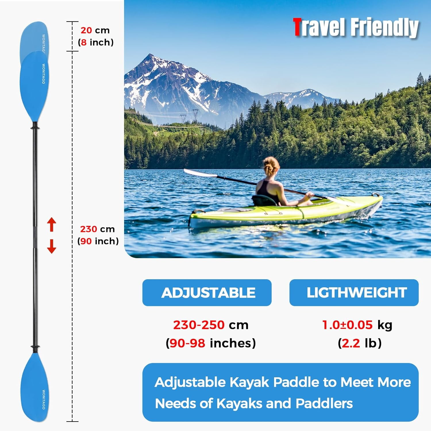 Lightweight Carbon Fiber Kayak Paddle with Adjustable Nylon Blade, 3 ...