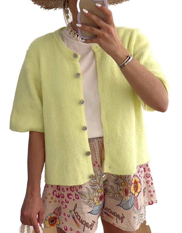 Lightweight Cardigans for Women Short Sleeve Button Down Ribbed Knit ...