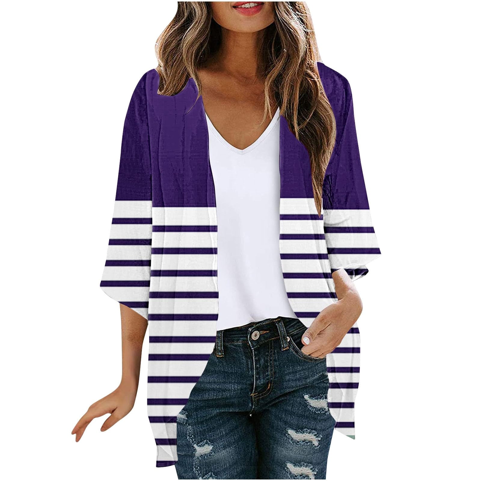Lightweight Cardigans for Women Trendy Casual Open Front Striped ...