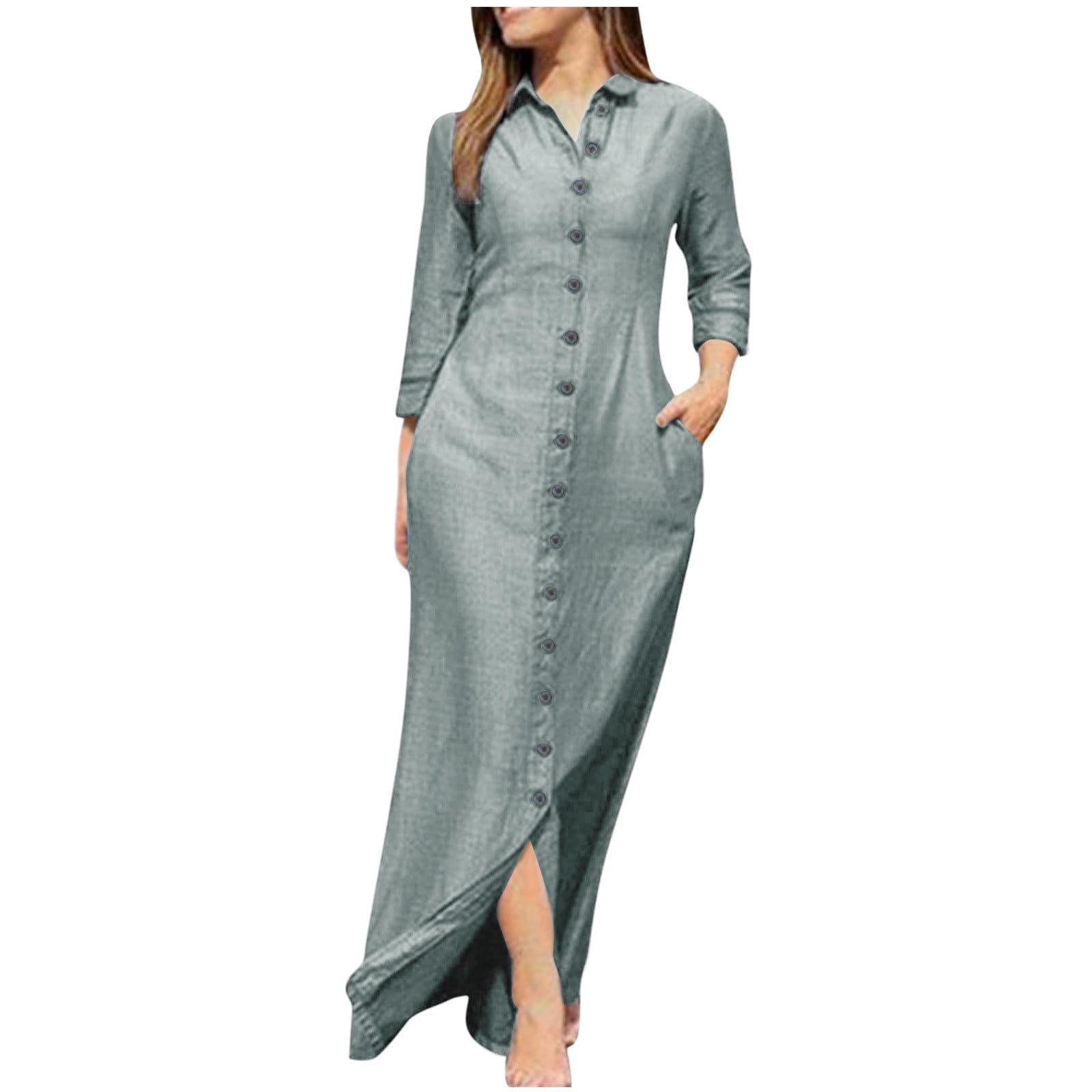 Lightweight Cotton Linen Maxi Shirt Dresses Women Casual Solid Button ...