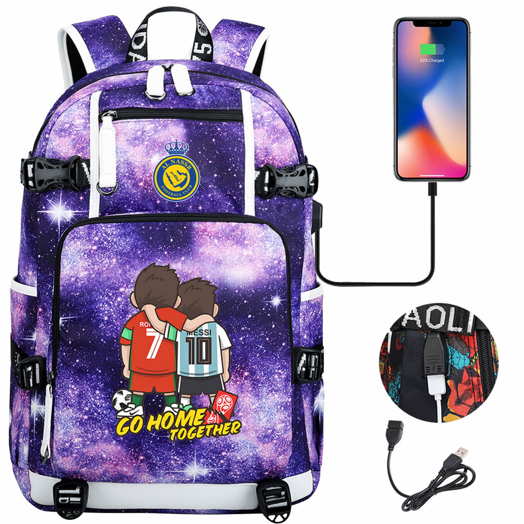 Lightweight Cristiano Ronaldo Backpack with USB Port Al Nassr FC CR7 ...