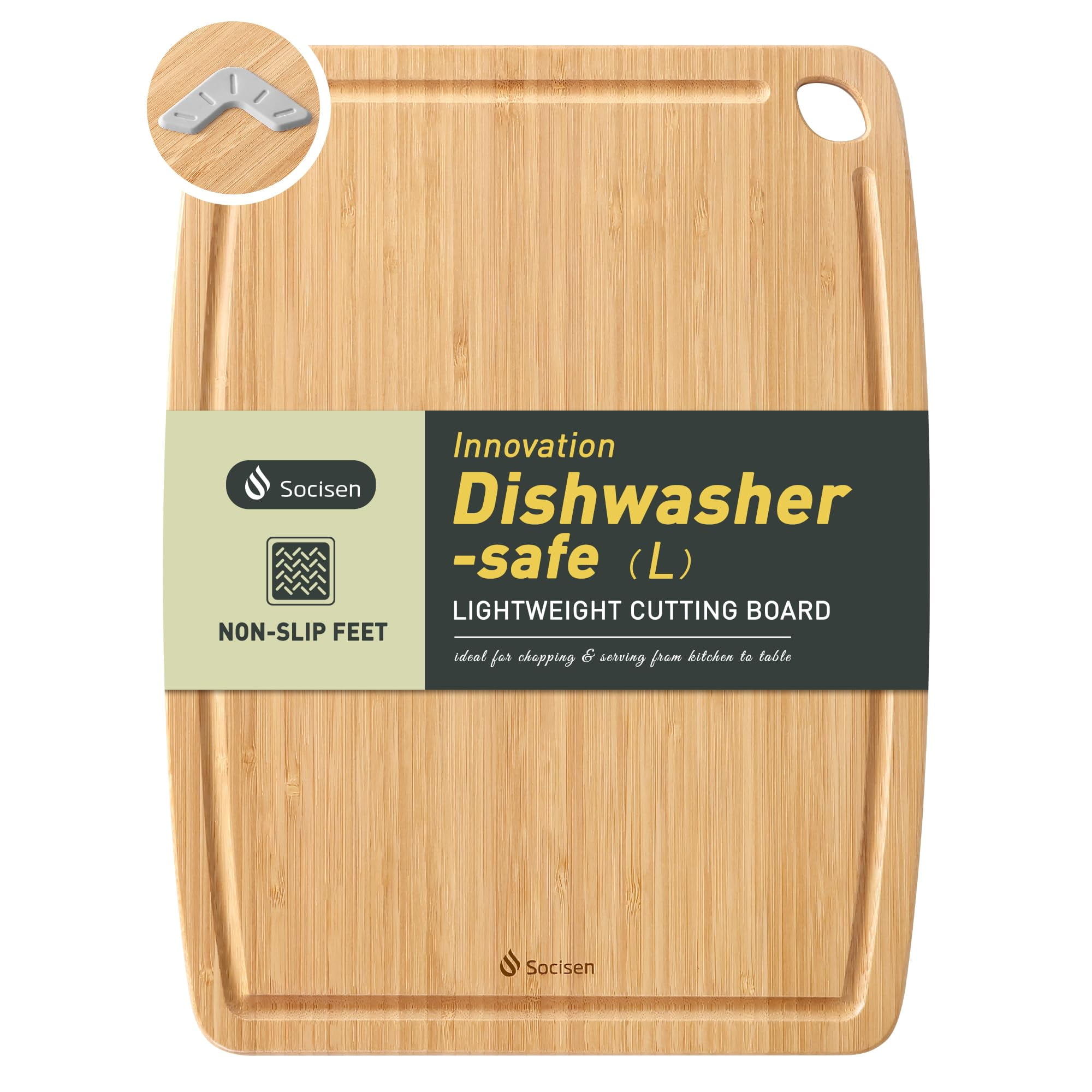 Lightweight Durable Bamboo Cutting Board with Non-Slip Feet, Non Toxic ...