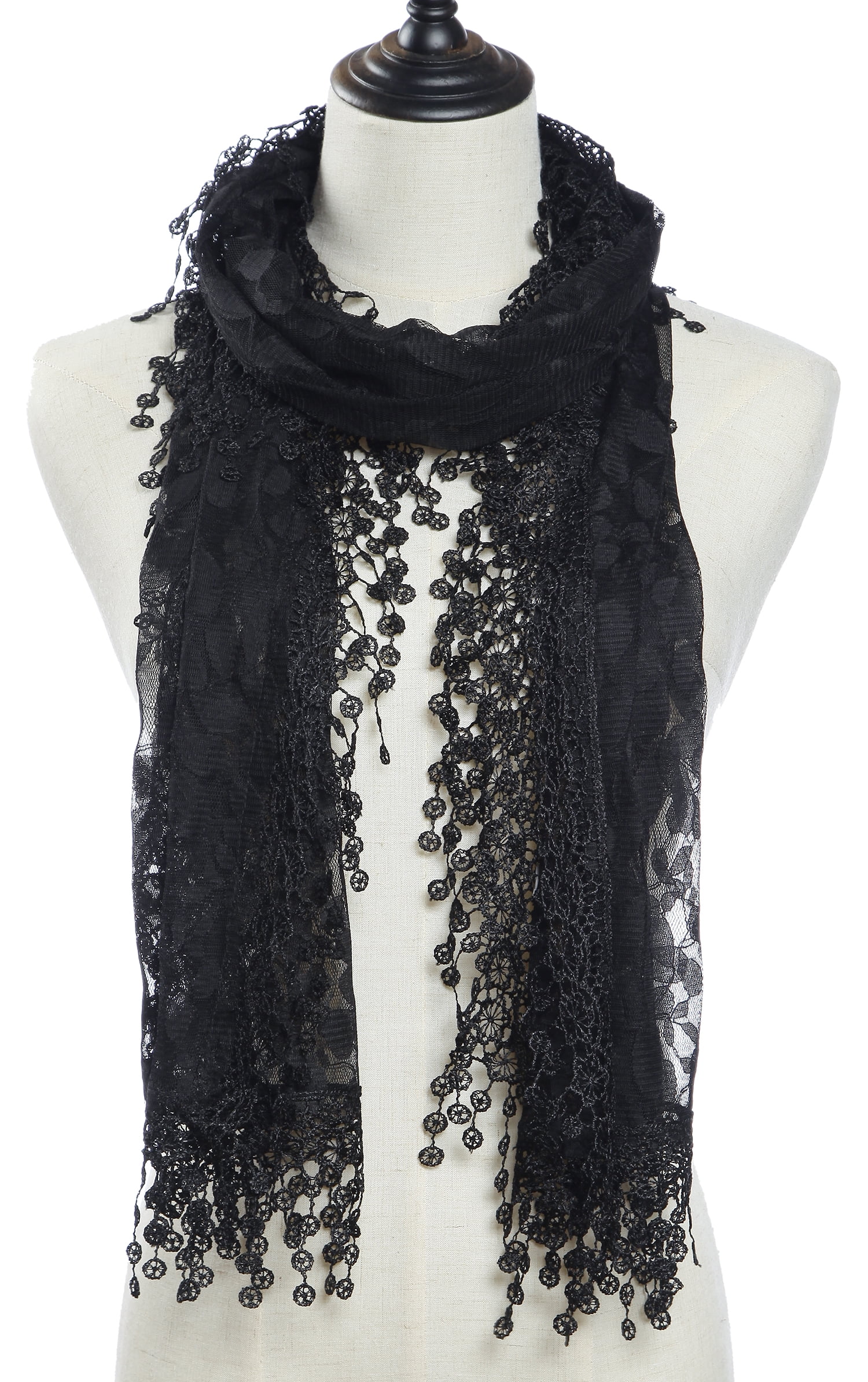 Elegant Lightweight Long Lace Scarf with Teardrop Fringe and Tassel for ...