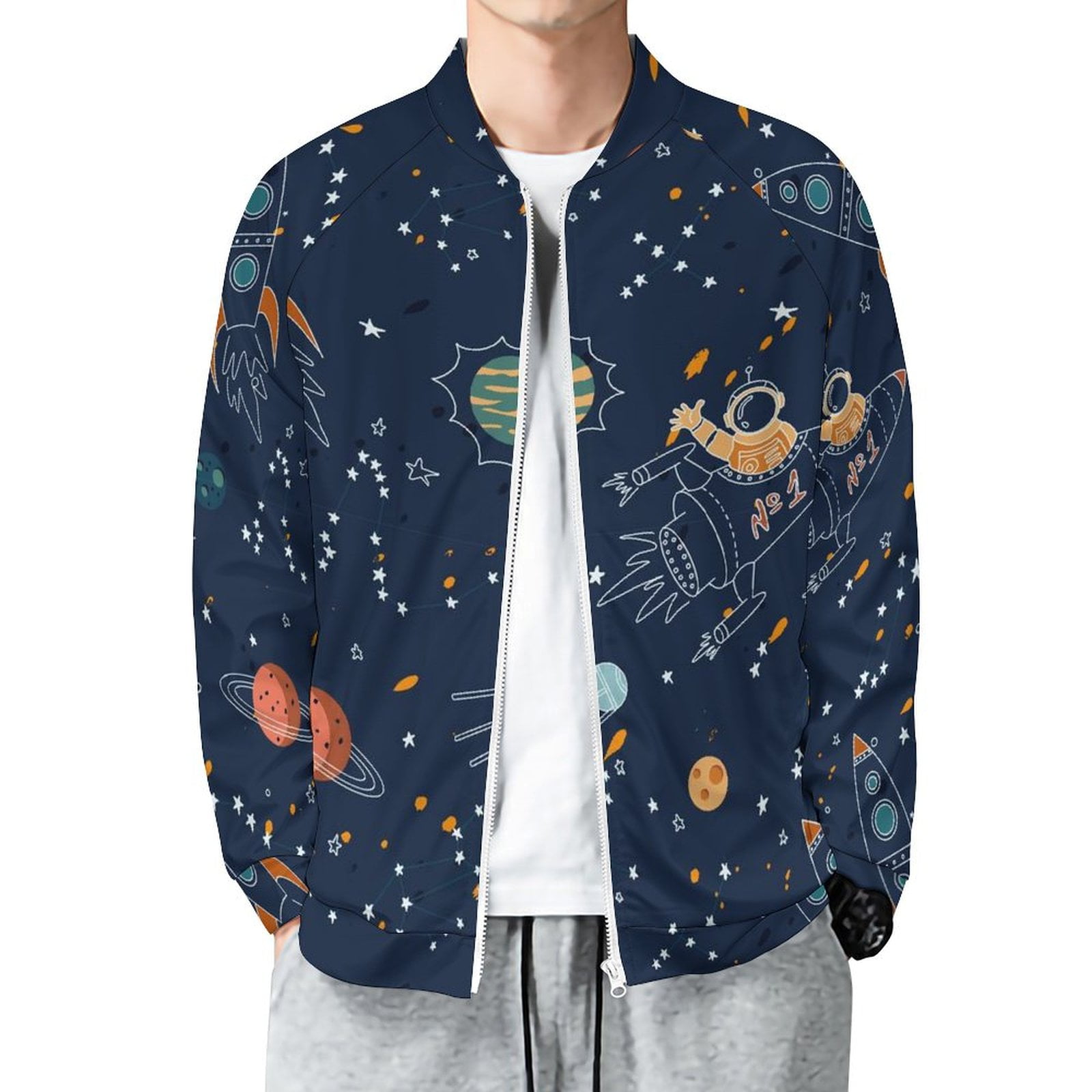 Lightweight Jacket for Men - Cartoon Space Planets Casual Zip Up Bomber Jacket Men Spring Fall ...