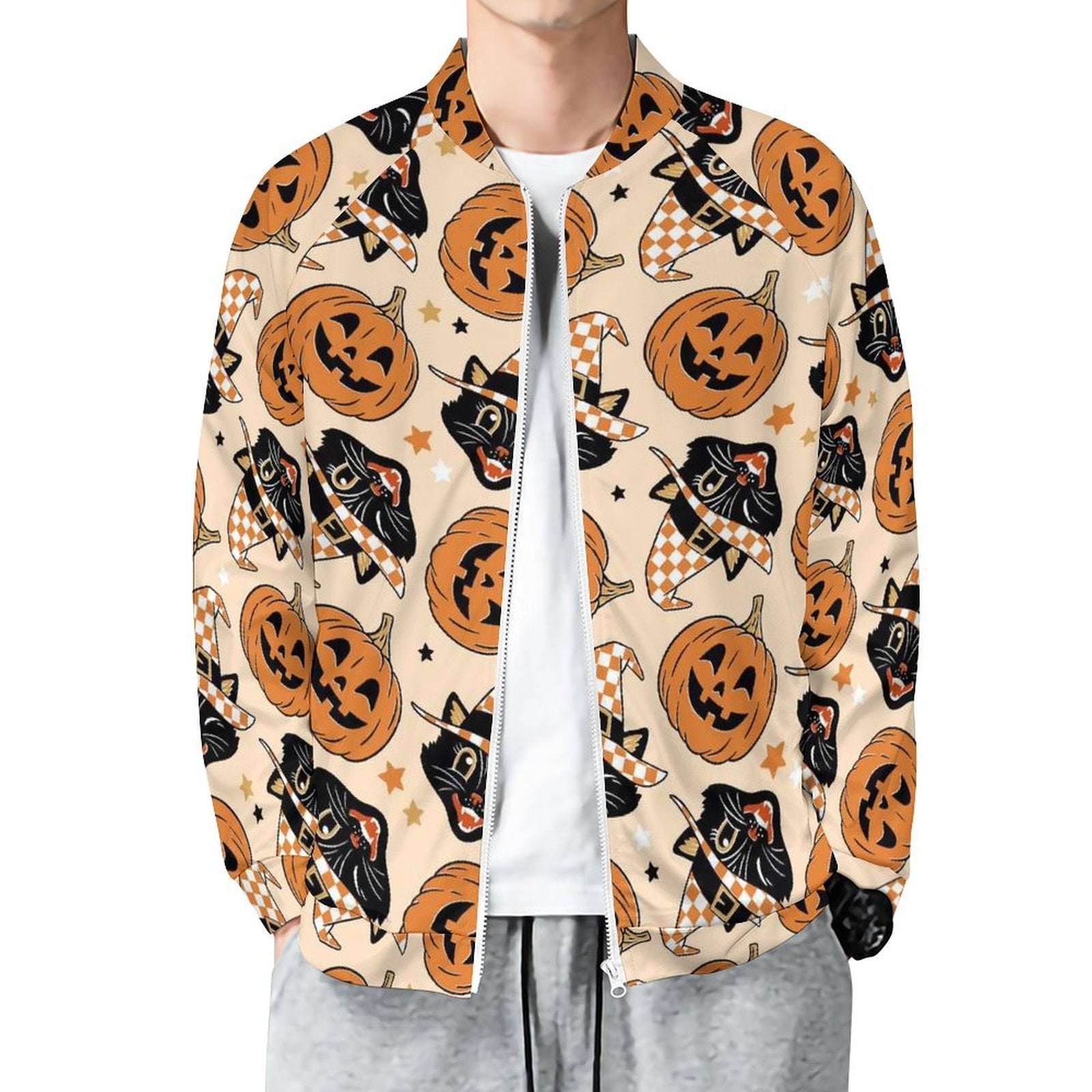 Lightweight Jacket for Men - Cat Pumpkin Halloween Zip Up Bomber Jacket Men Casual Spring Fall ...