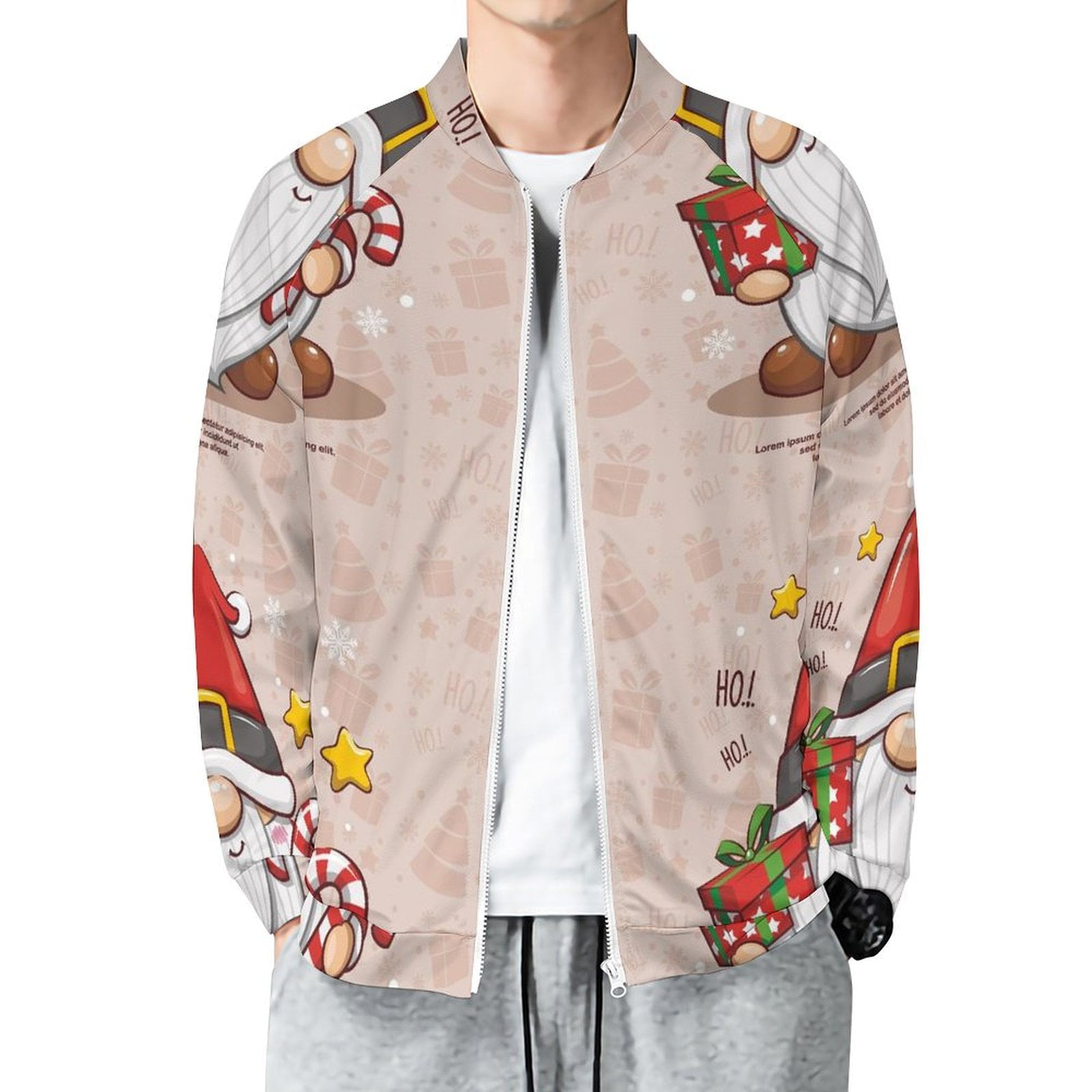 Lightweight Jacket for Men - Christmas Gnome Star Zip Up Bomber Jacket ...