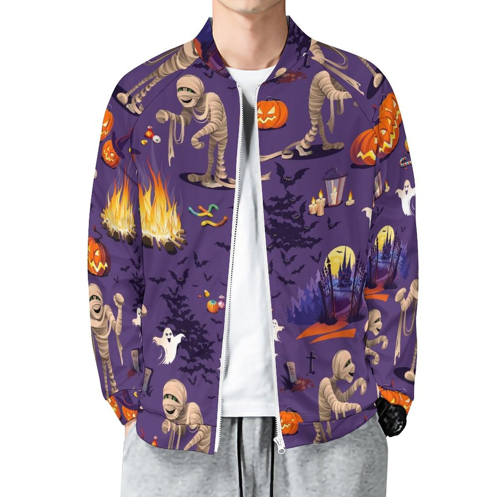 Lightweight Jacket for Men - Halloween Elements Print Zip Up Bomber ...