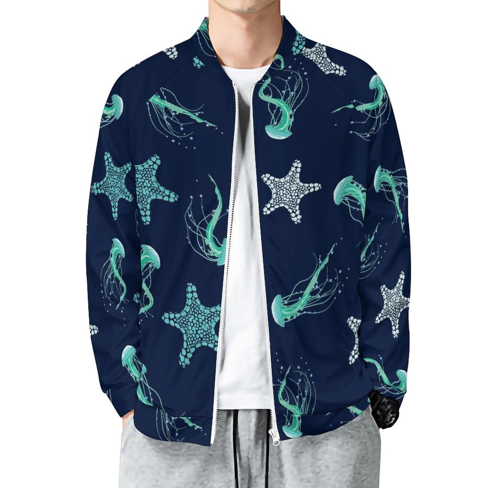 Lightweight Jacket for Men - Ice Blue Starfish And Jellyfish Casual Zip ...