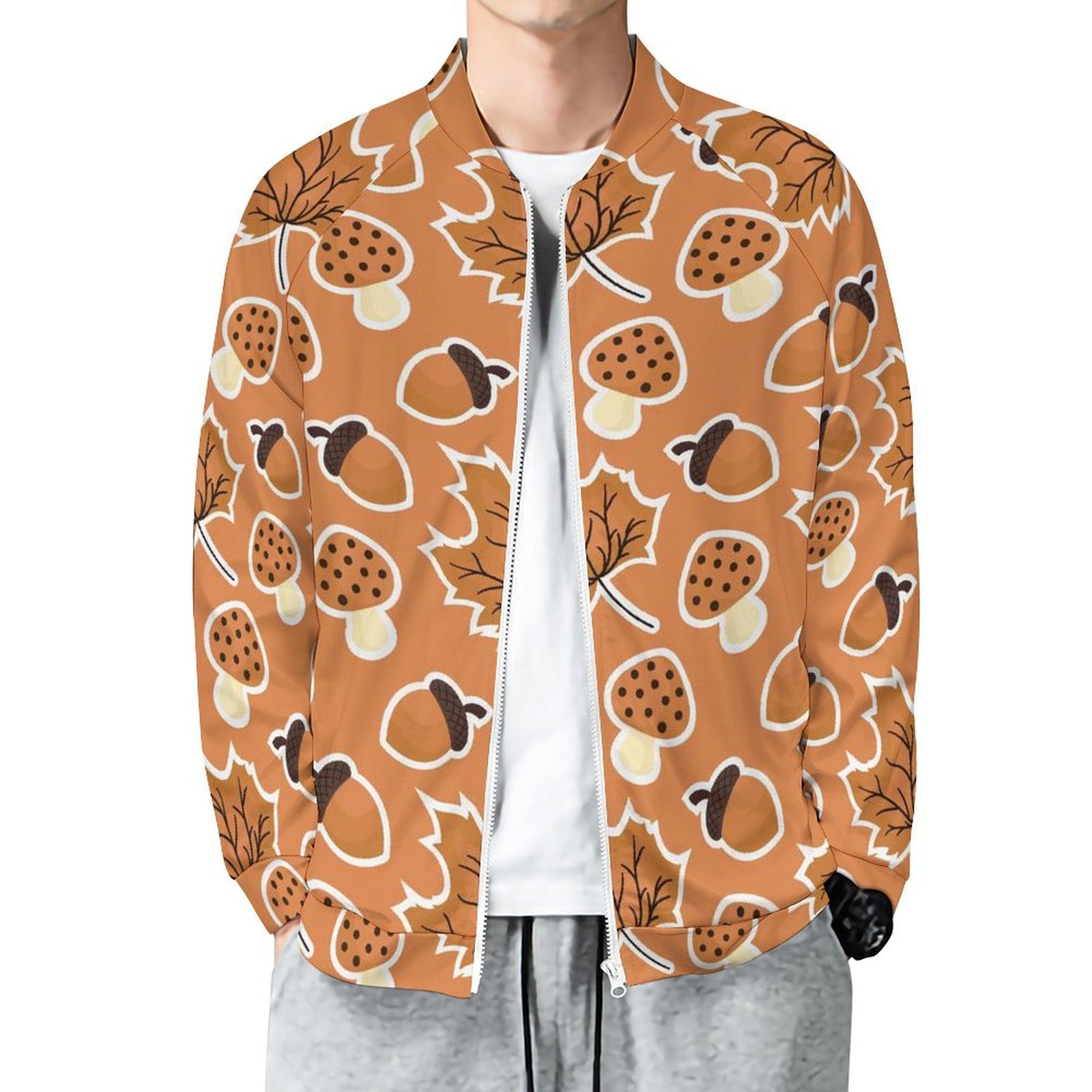 Lightweight Jacket for Men - Mushroom Maple Nuts Zip Up Bomber Jacket ...