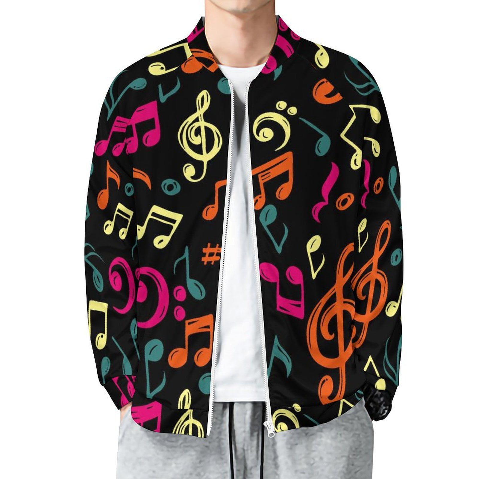 Lightweight Jacket for Men Music Notes Casual Zip Up Bomber Jacket with ...